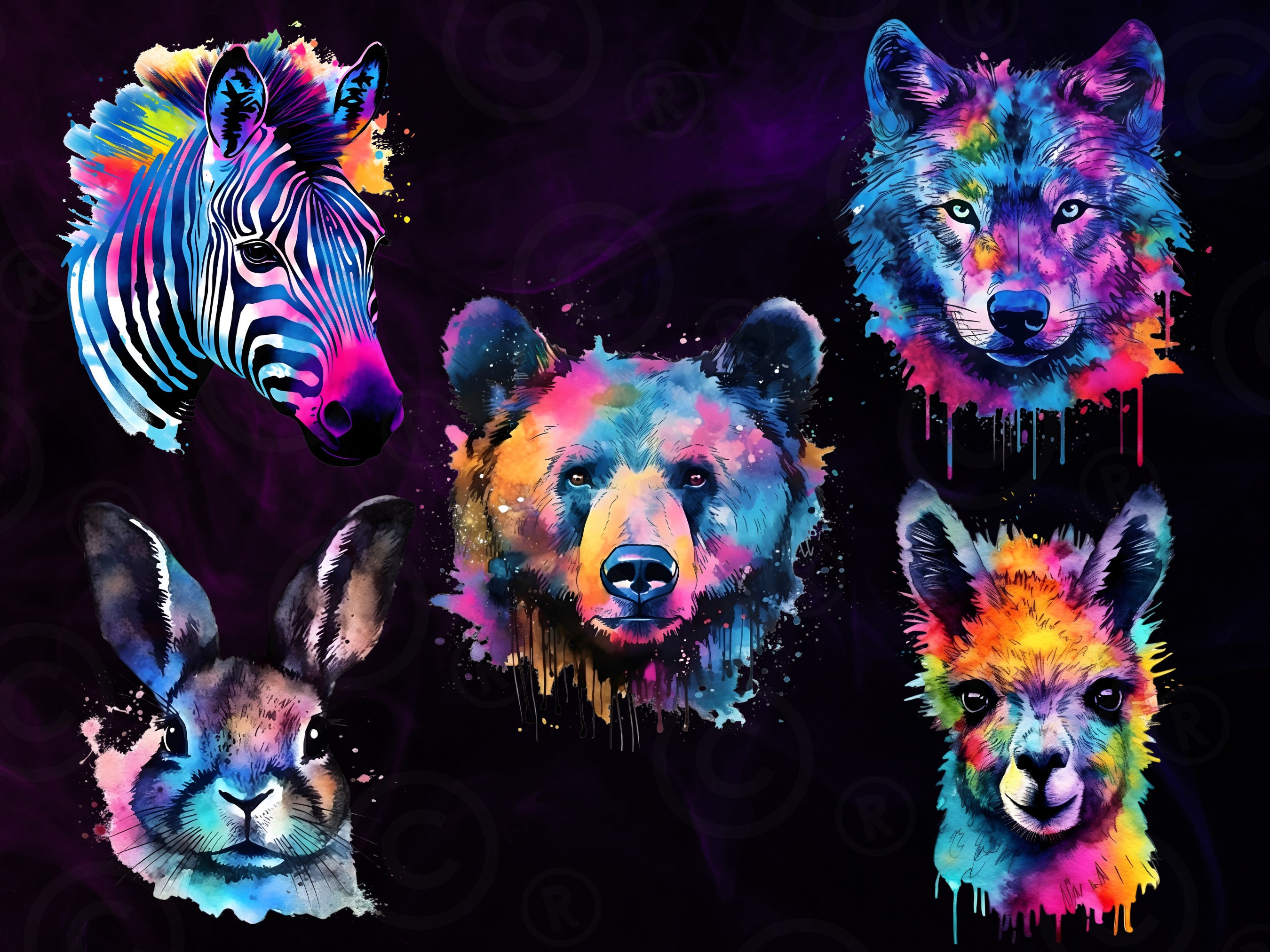 Watercolor Animals Clip Art Colorful Pets, Cats, Dogs, Zebra, Lion ...