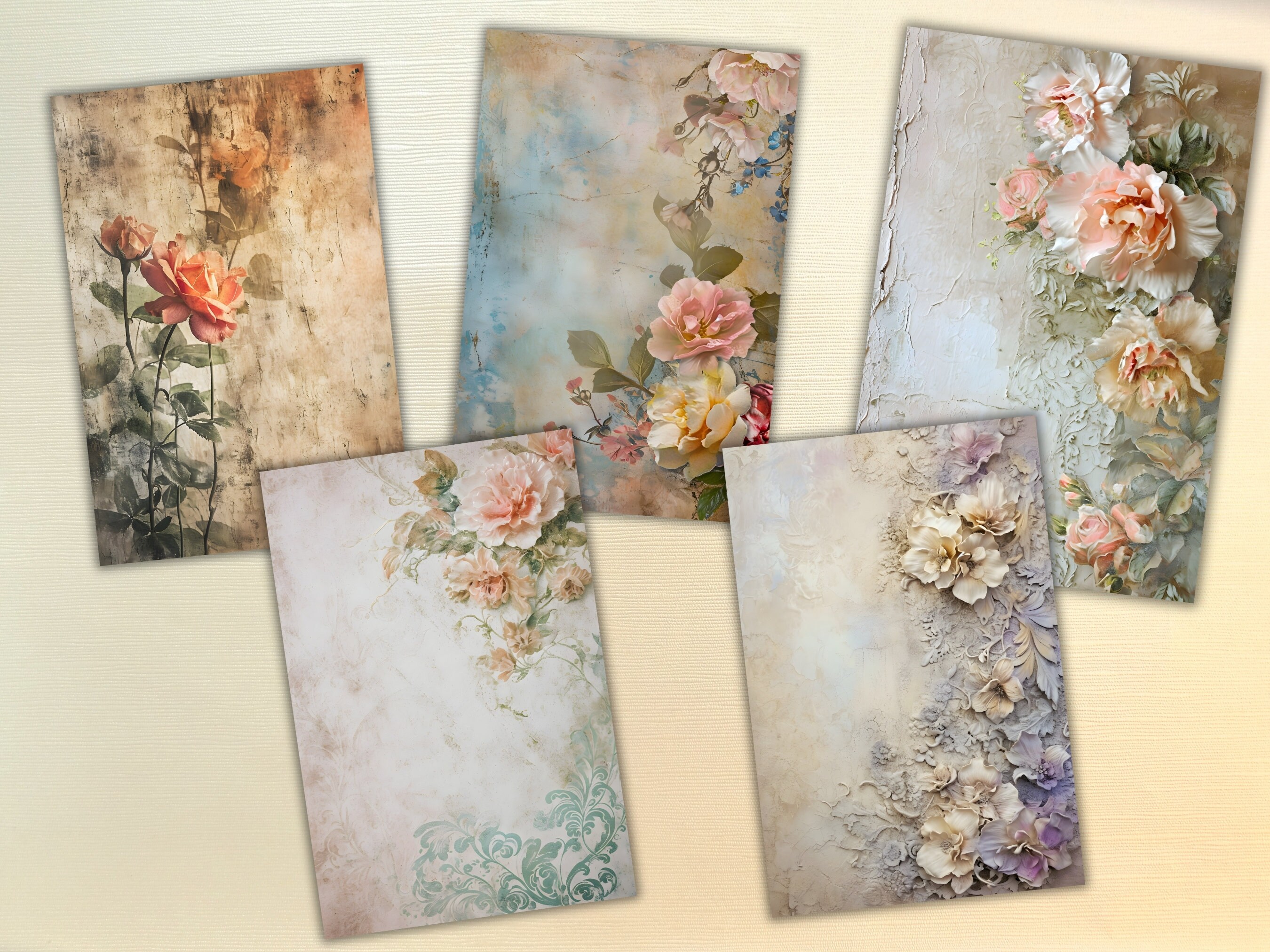 Vintage Floral Digital Printable Paper Aged Paper Texture Soft Shabby ...