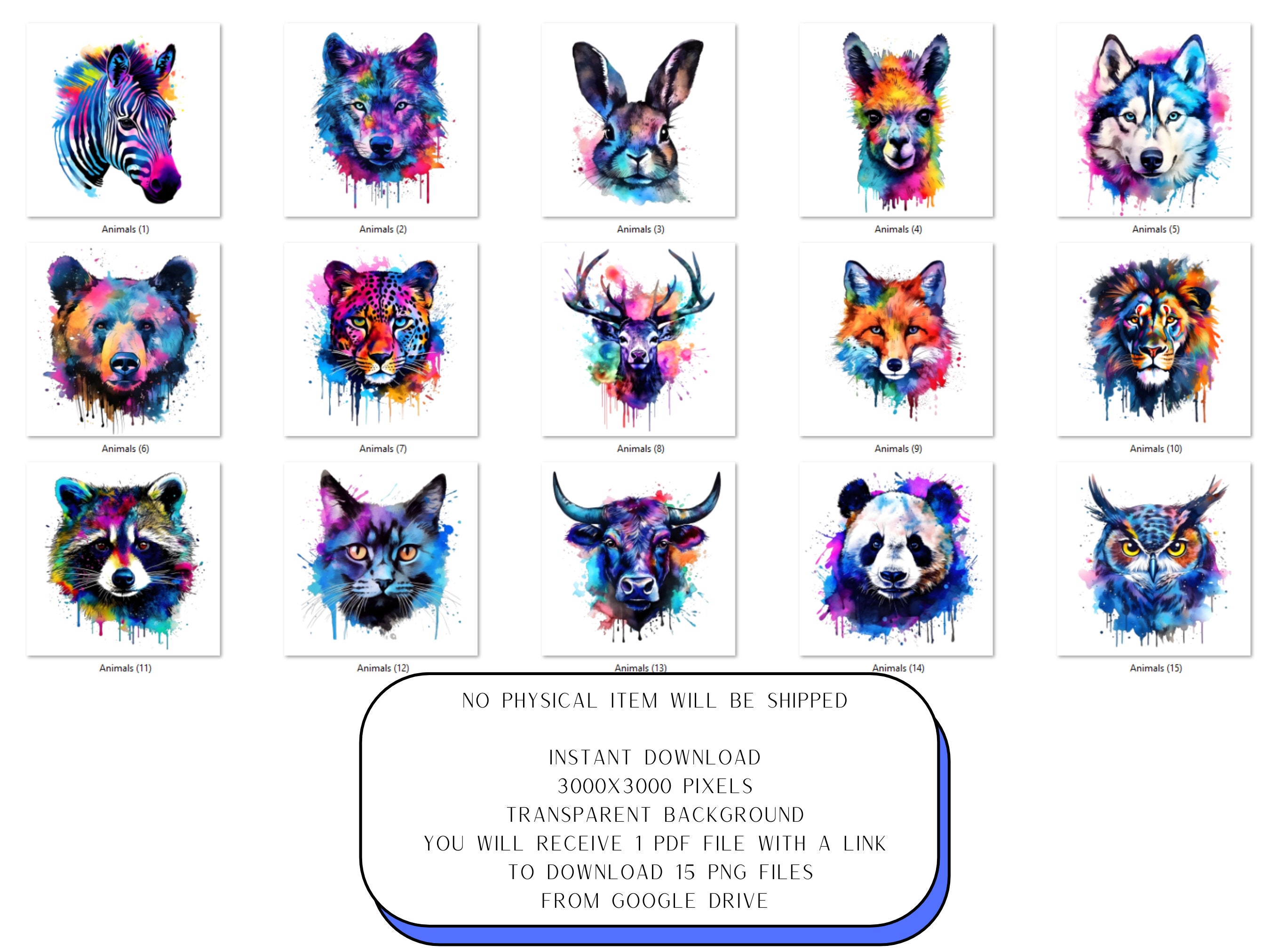 Watercolor Animals Clip Art Colorful Pets, Cats, Dogs, Zebra, Lion ...