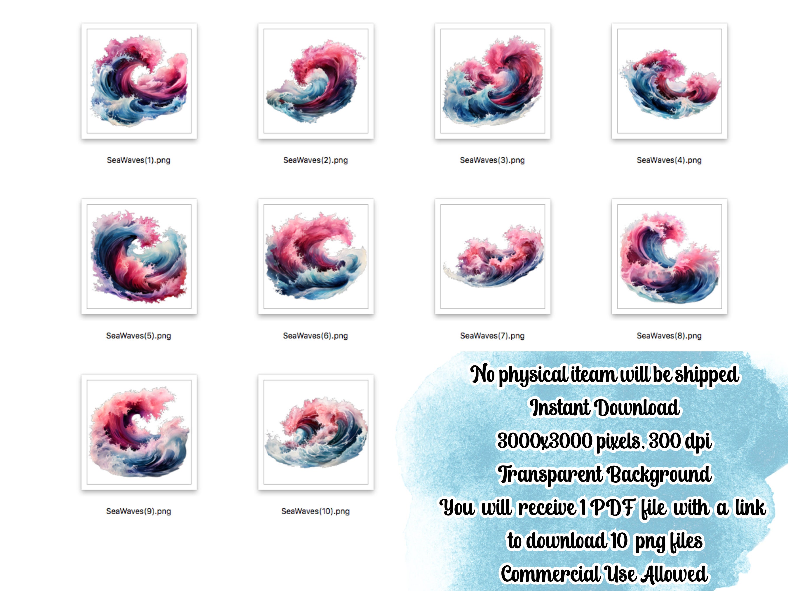 Clip Art Sea Wave Watercolor 300dpi Pink Blue Water Ocean - Etsy