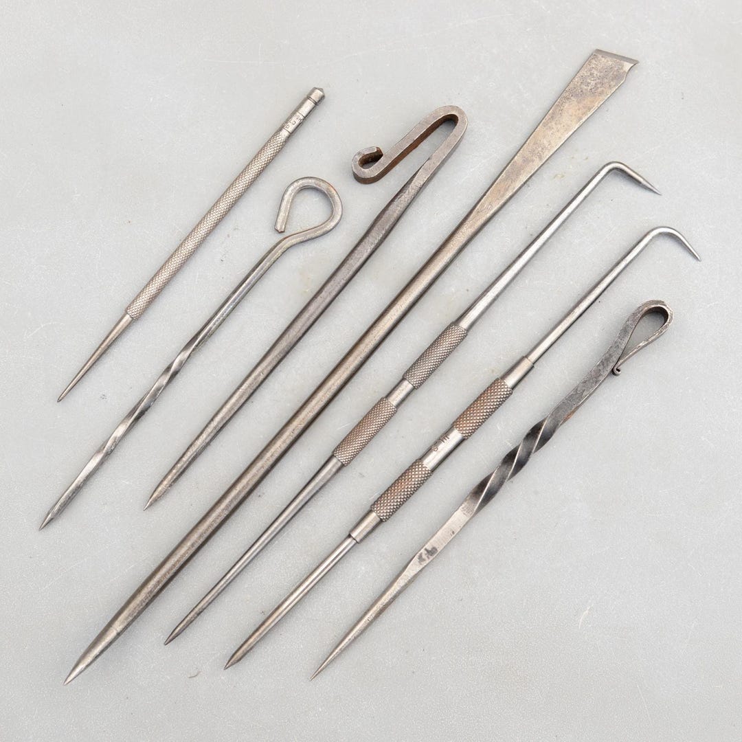 Set 7 Vintage Iron Carpenters Timber Scribe Mount Cutter Awl Joiner ...