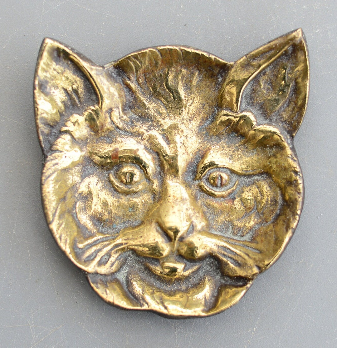 Vintage Solid Brass Footed Trinket Coin Dish Cigarette Ashtray Cat Face ...