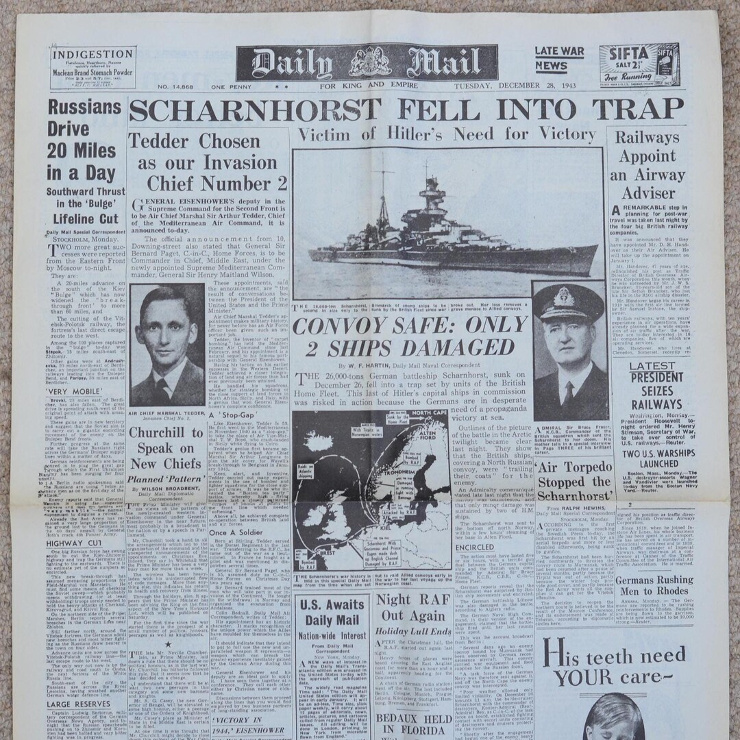 Vintage Original Daily Mail Newspaper No 14868 28 December 1943 World ...