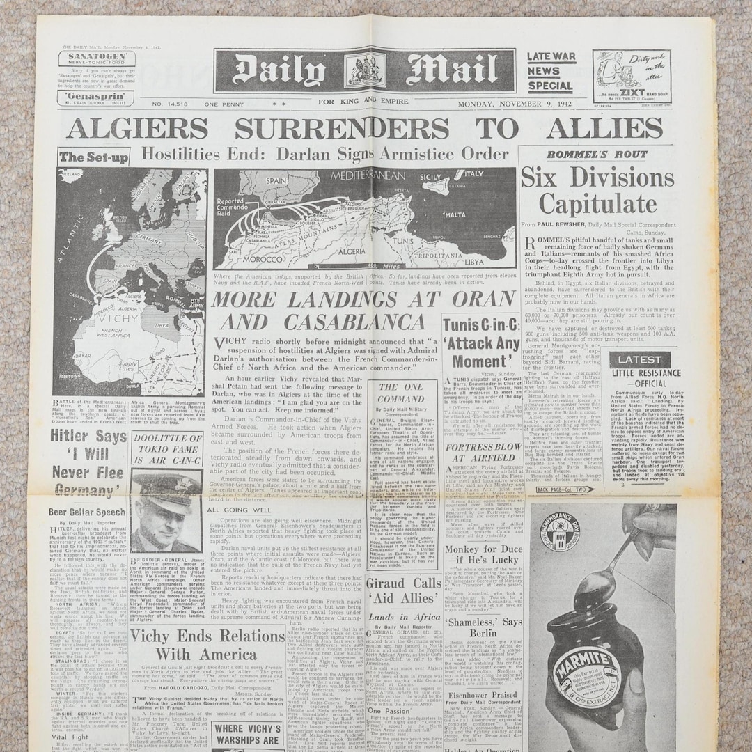 Vintage Original Daily Mail Newspaper No 14518 9 November 1942 World ...