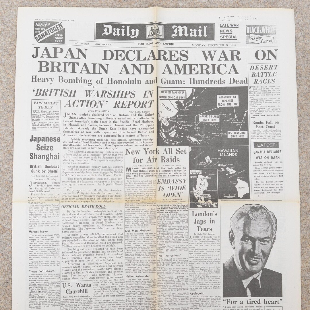 Vintage Original Daily Mail Newspaper No 14233 8 Dec 1941 World War ...