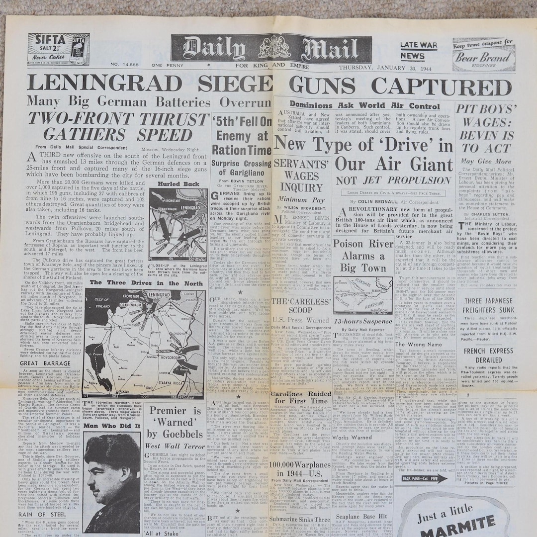 Vintage Original Daily Mail Newspaper No 14888 20 January 1944 World ...