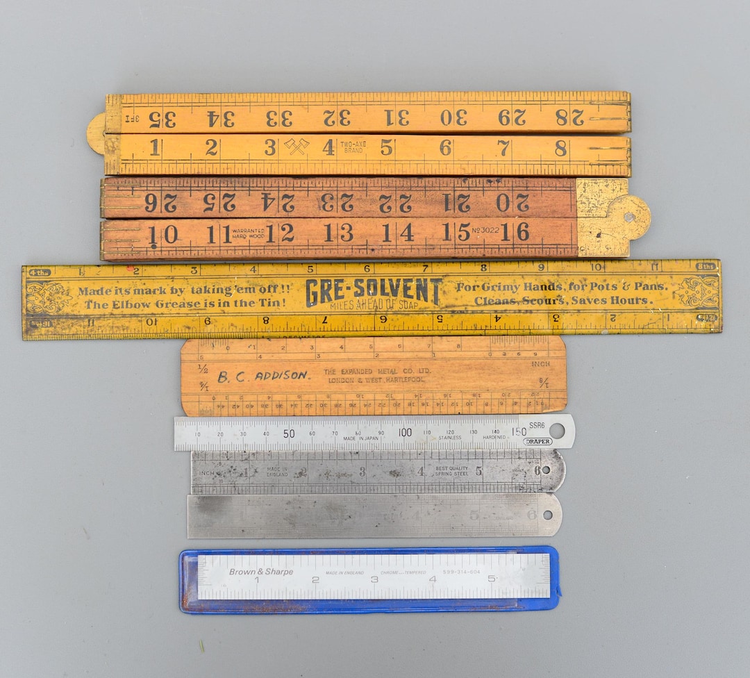 Set 8 Vintage Steel Wooden Ruler Advertising Rulers Wood Rule England ...
