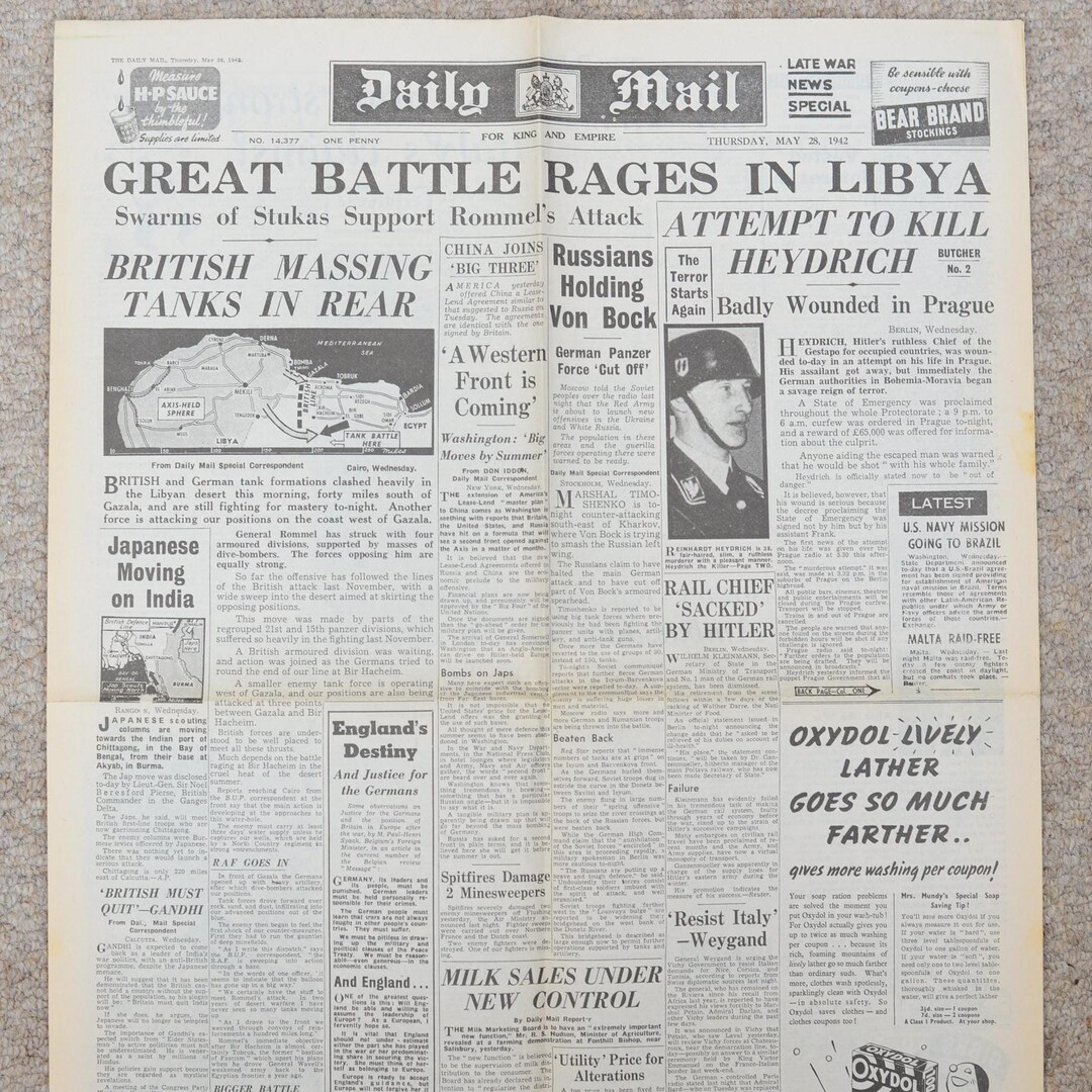 Vintage Original Daily Mail Newspaper No 14377 28 May 1942 World War ...