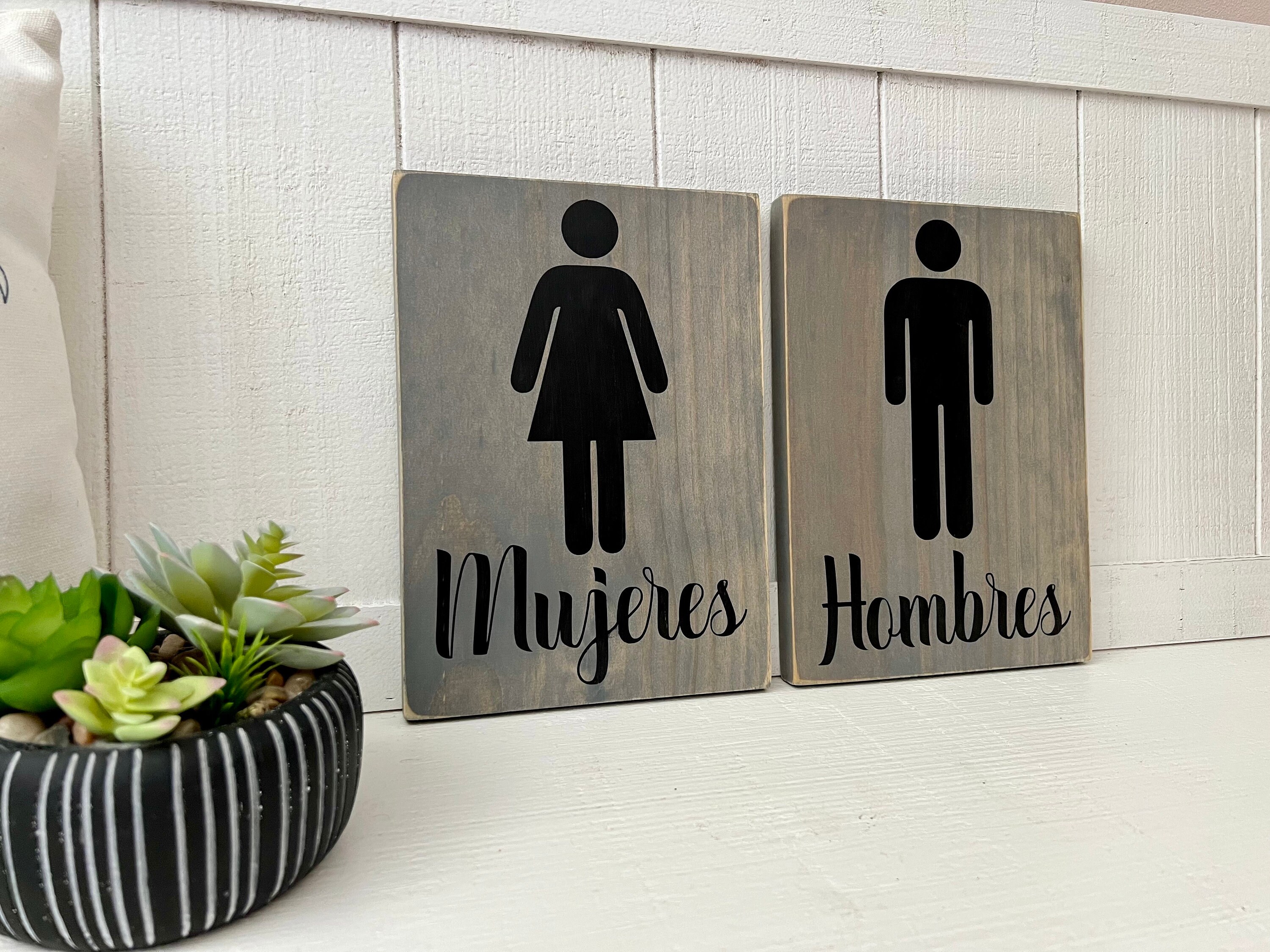 Hombres Oh Mujeres Cuadro Para Baño Men & Women Bathroom Wood Signs ...