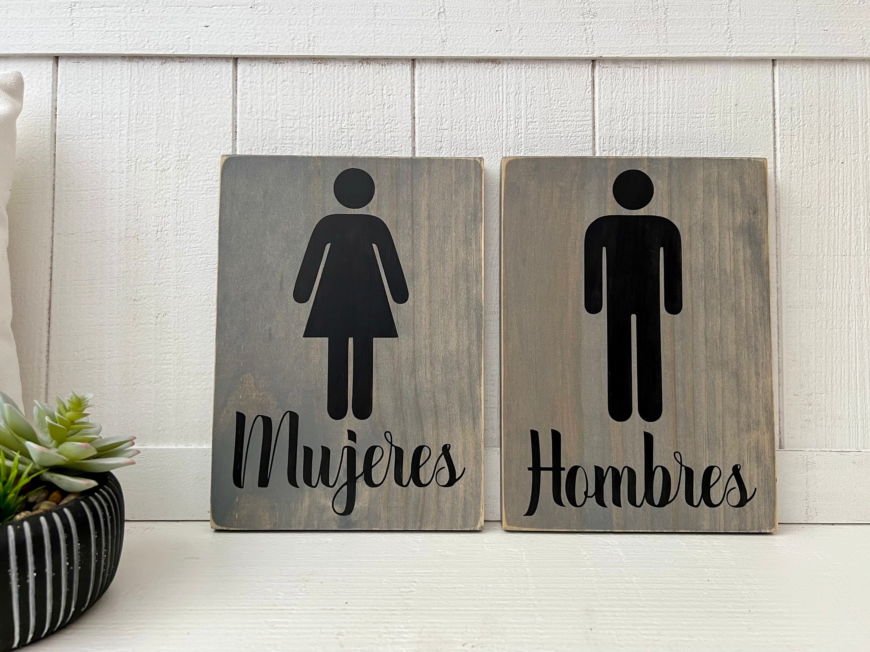 Hombres Oh Mujeres Cuadro Para Baño Men & Women Bathroom Wood Signs ...