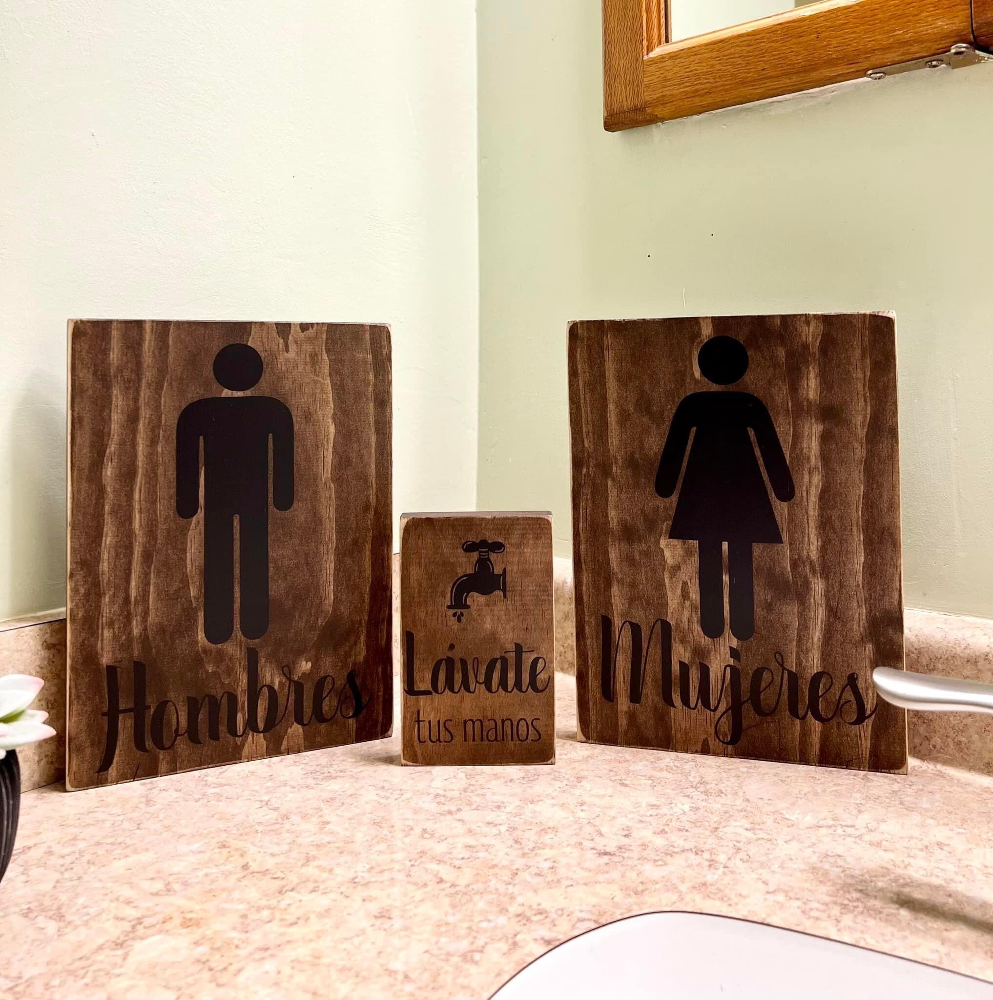 Hombres Oh Mujeres Cuadro Para Baño Men & Women Bathroom Wood Signs ...