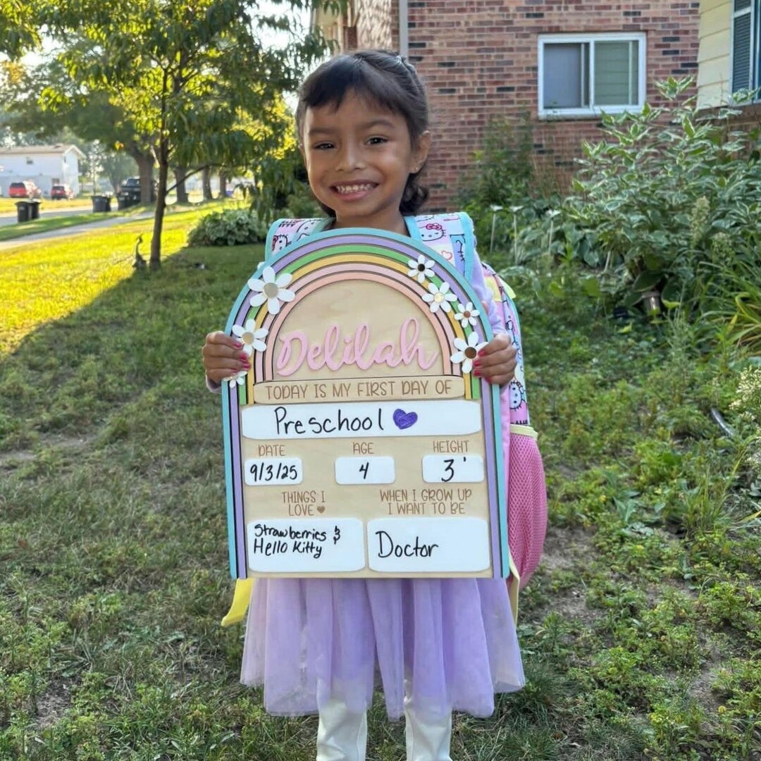 Rainbow Daisies Back to School Photo Prop: Wood First & Last Day Sign ...