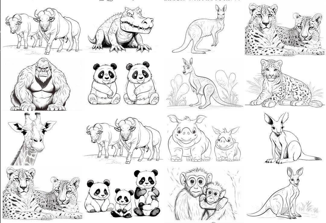 Wild Cute Animals Grayscale Coloring Pages | Printable Adult Coloring ...