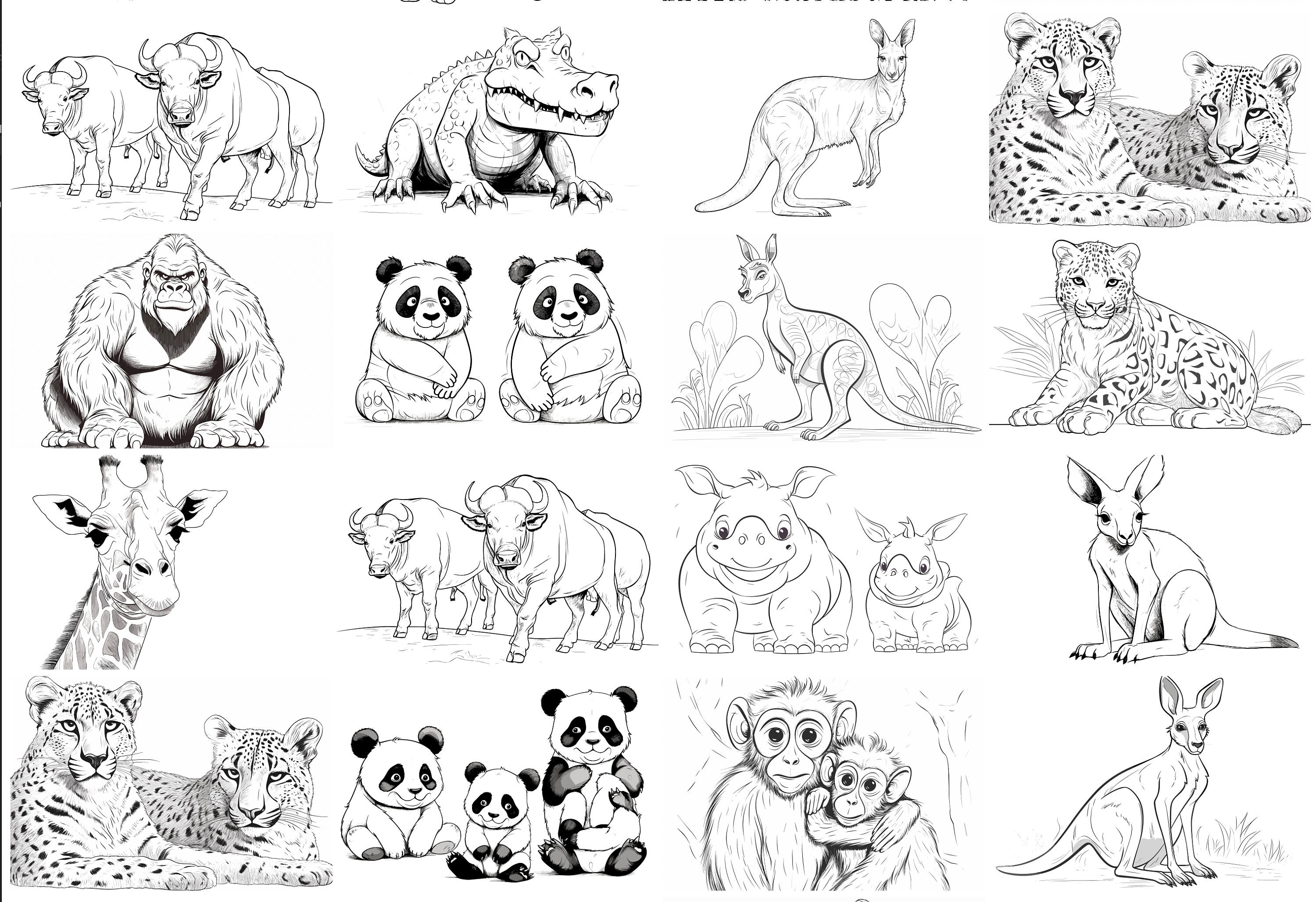 Wild Cute Animals Grayscale Coloring Pages | Printable Adult Coloring ...