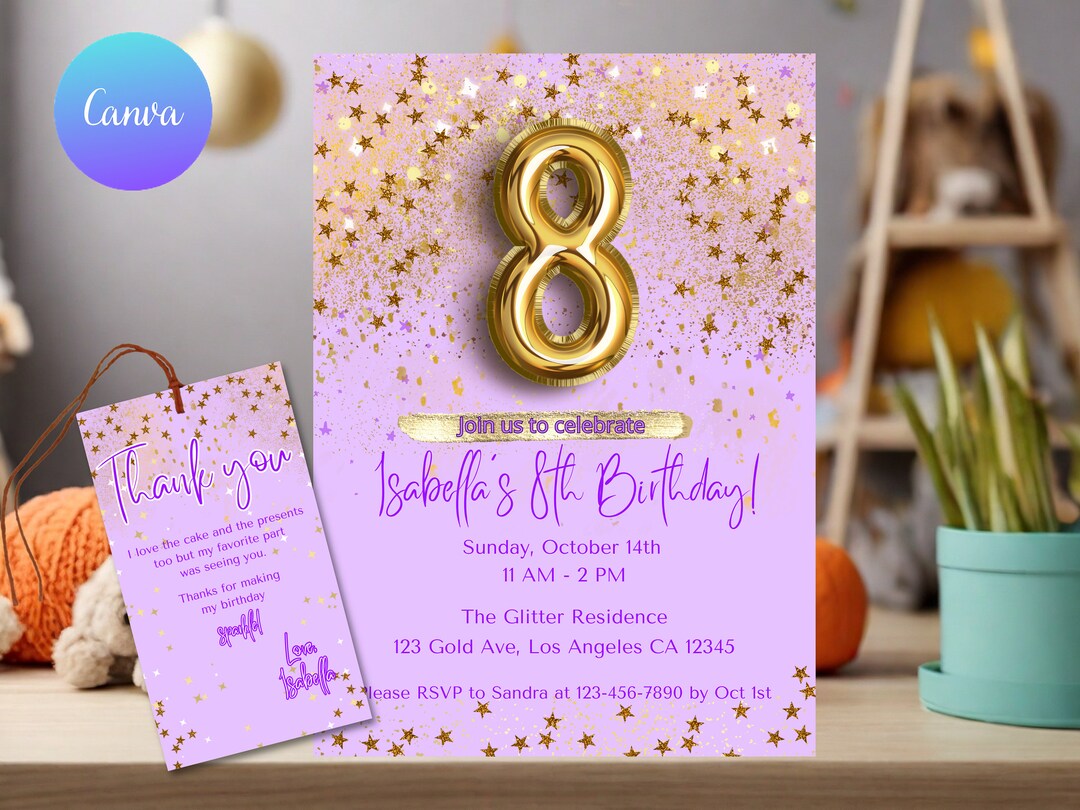 Editable Pink Purple 8th Birthday Invitation Template Glitter Birthday ...