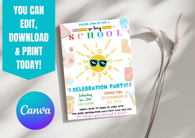 Editable Invitation End of School Party Invitation, Hello Summer ...