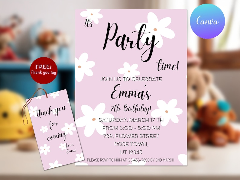 Flower Editable Birthday Invitation Template, Daisy Birthday Invitation ...