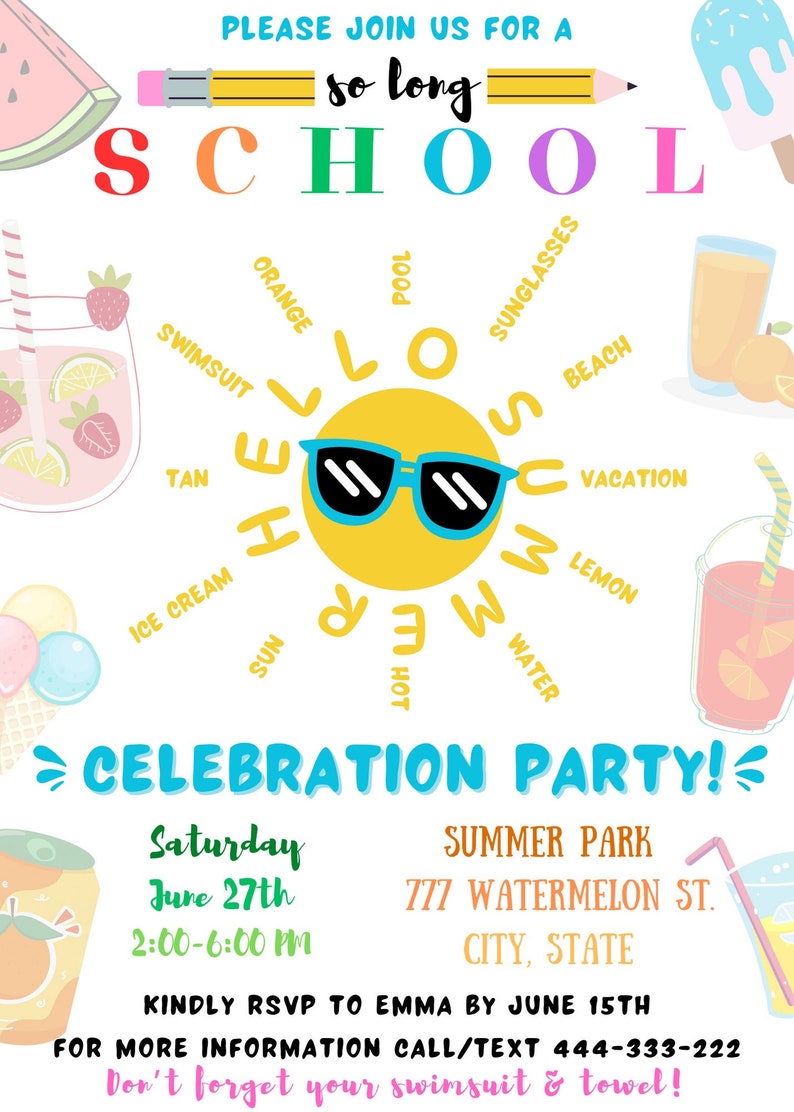 Editable Invitation End of School Party Invitation, Hello Summer ...