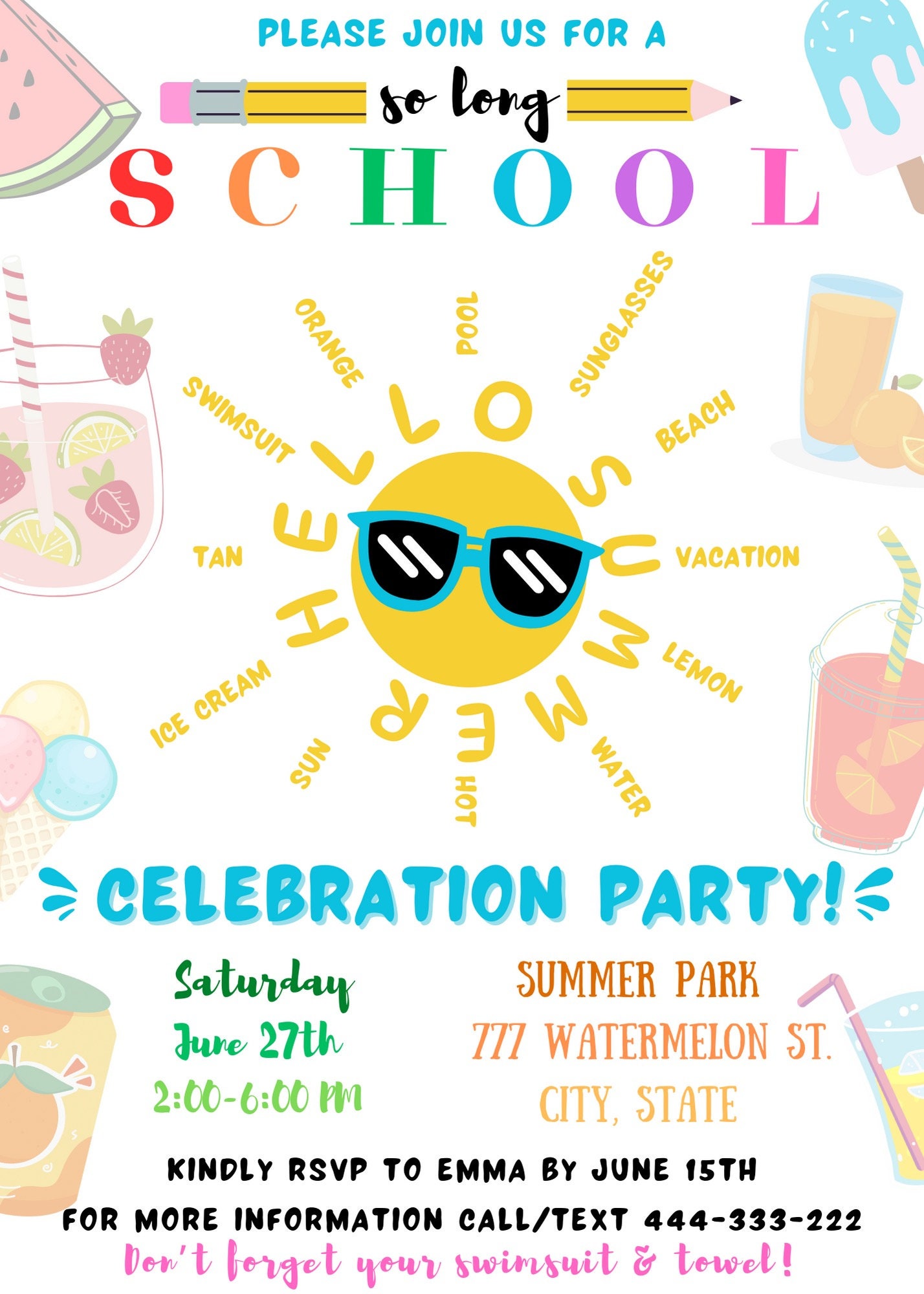 Editable Invitation End of School Party Invitation, Hello Summer ...
