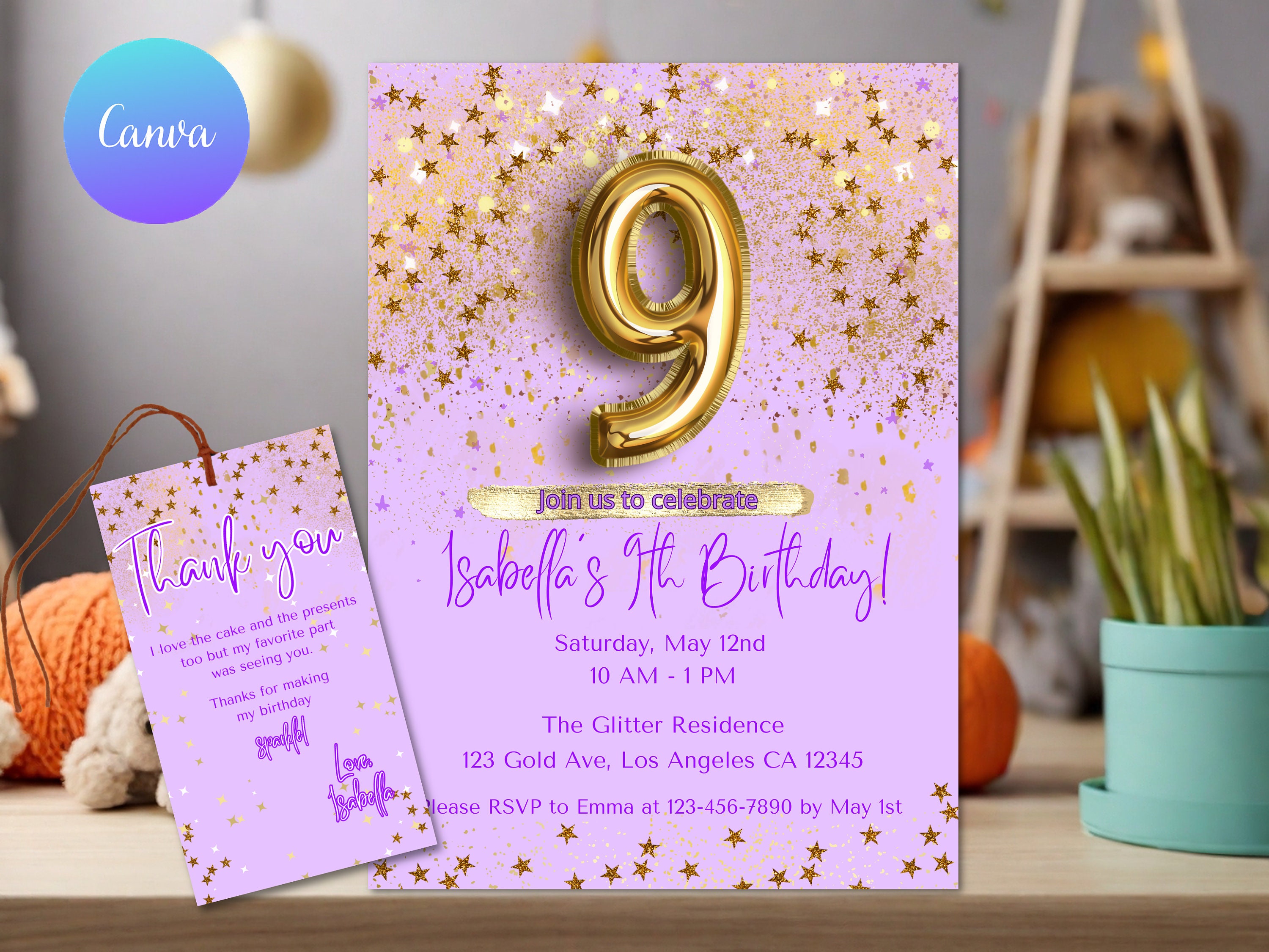 Editable Pink Purple 9th Birthday Invitation Template Glitter Birthday ...