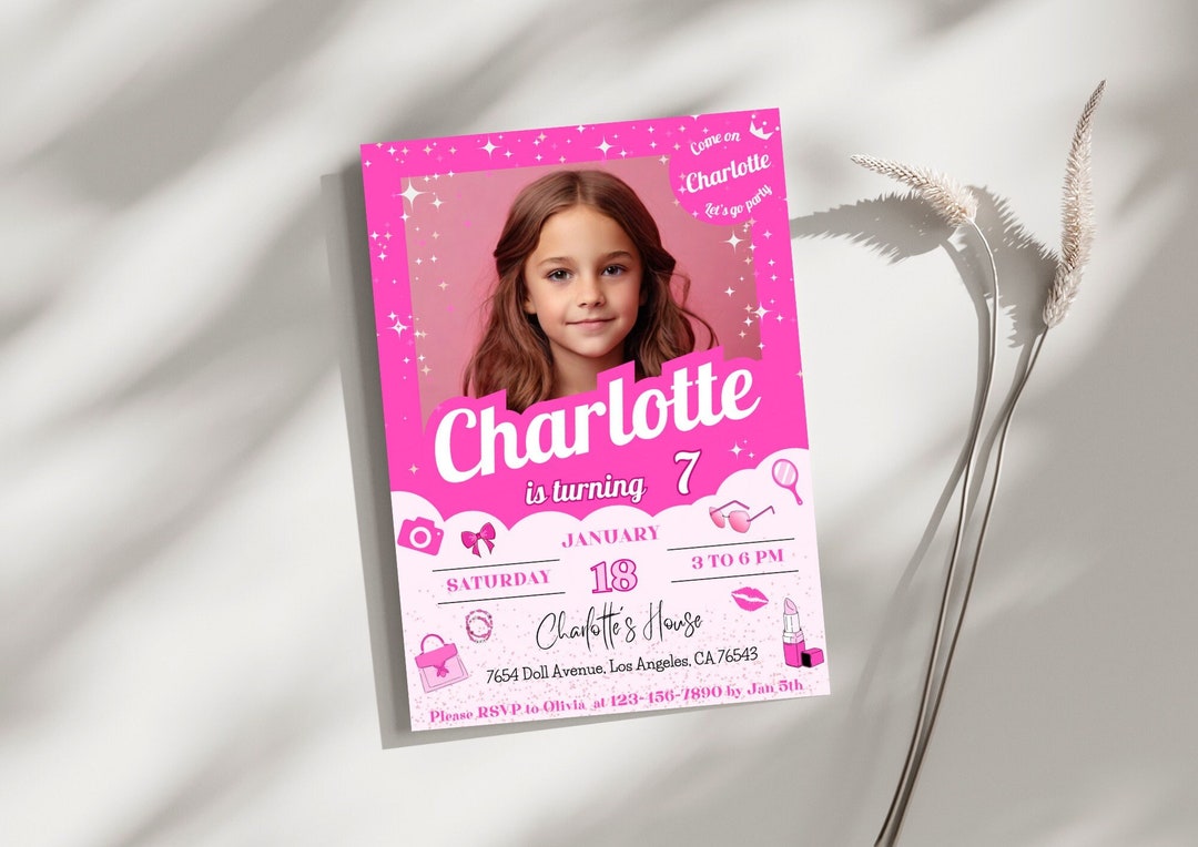 Printable Photo Pink Doll Box Editable Birthday Invitation, Photo ...