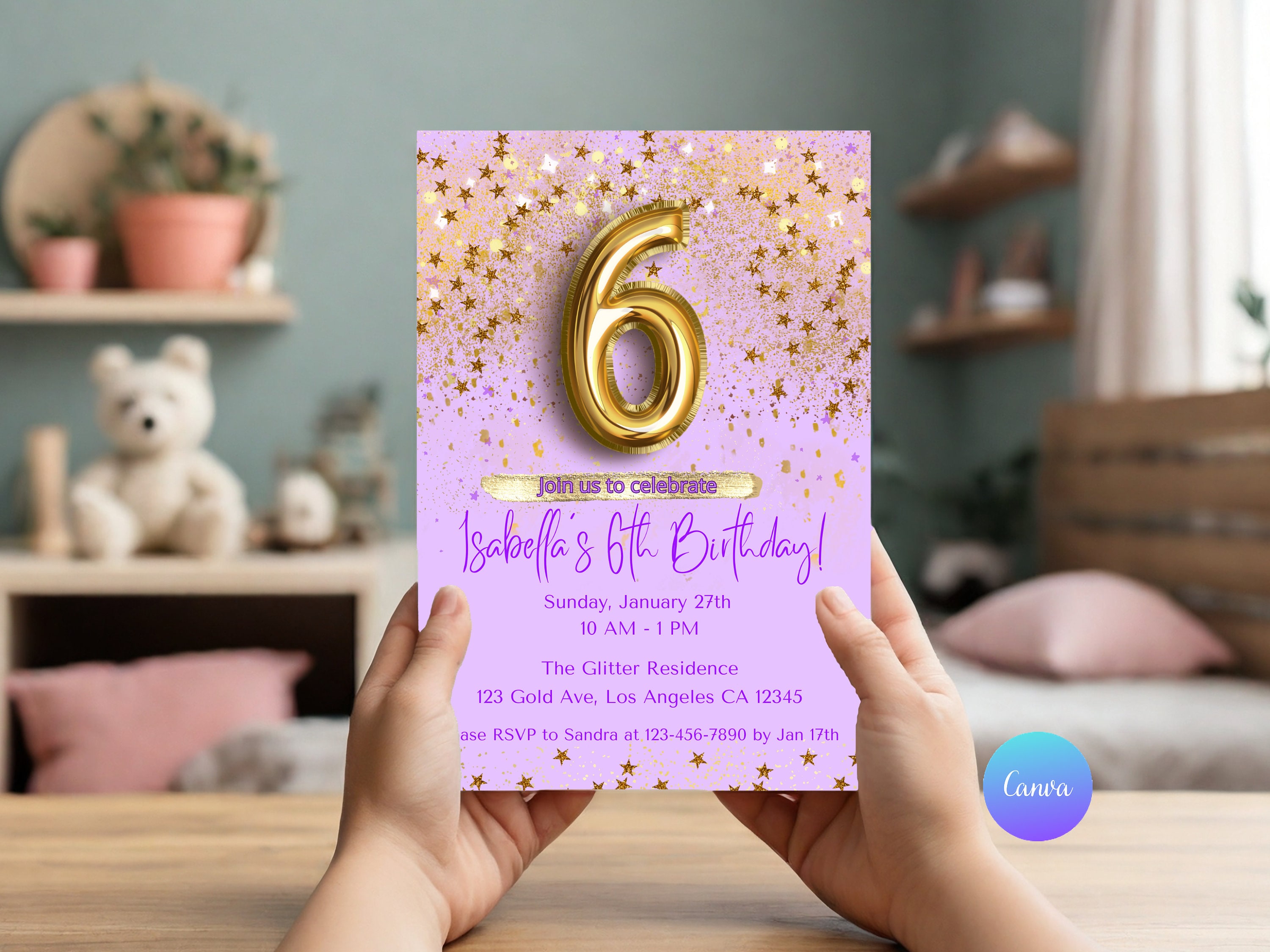 Editable Pink Purple 6th Birthday Invitation Template Glitter Birthday ...