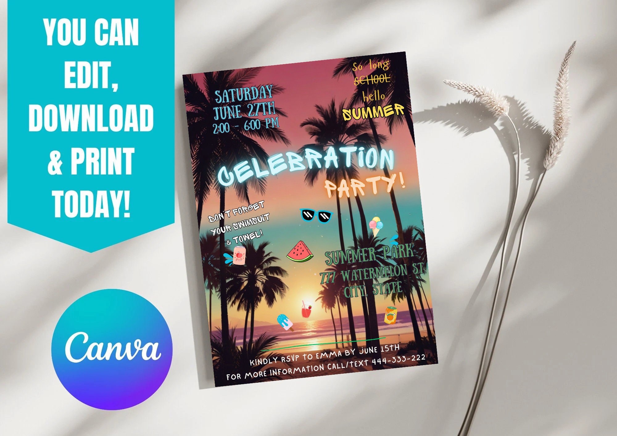 Editable Invitation End of School Party Invitation Hello Summer ...