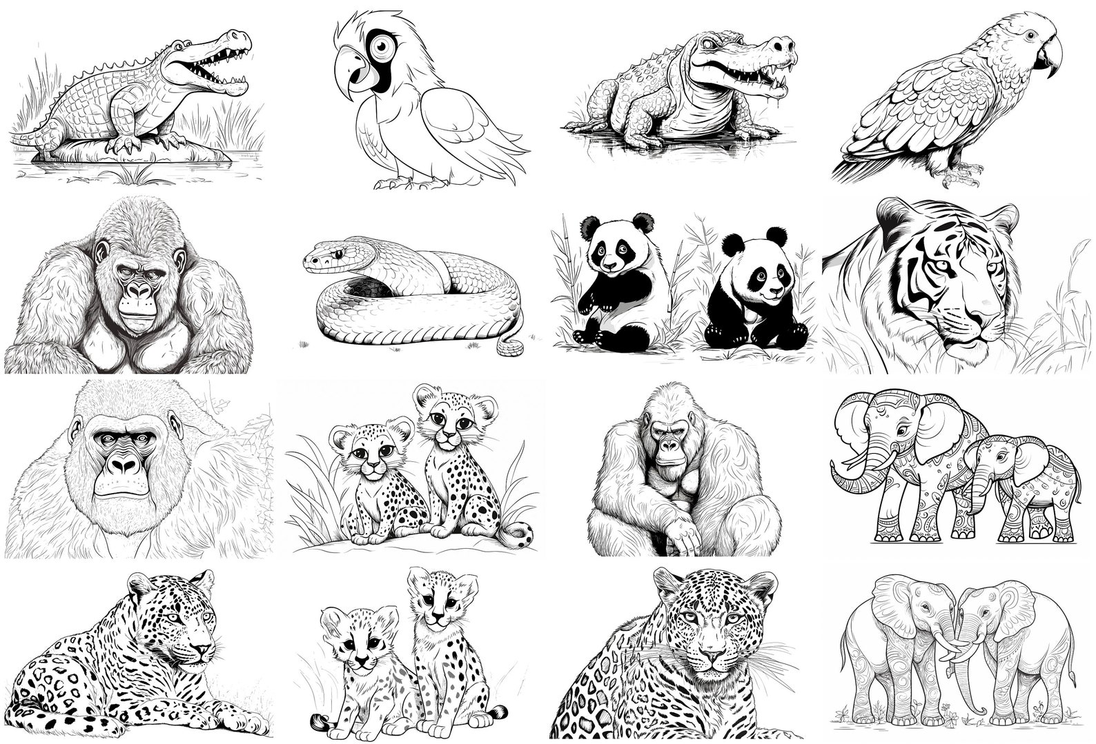 Wild Cute Animals Grayscale Coloring Pages | Printable Adult Coloring ...
