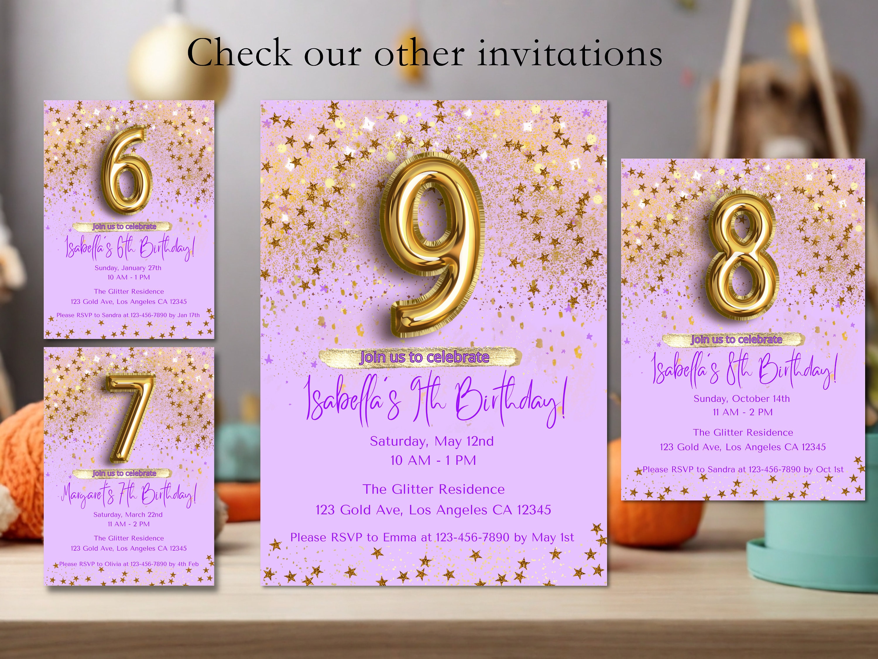 Editable Pink Purple 9th Birthday Invitation Template Glitter Birthday ...