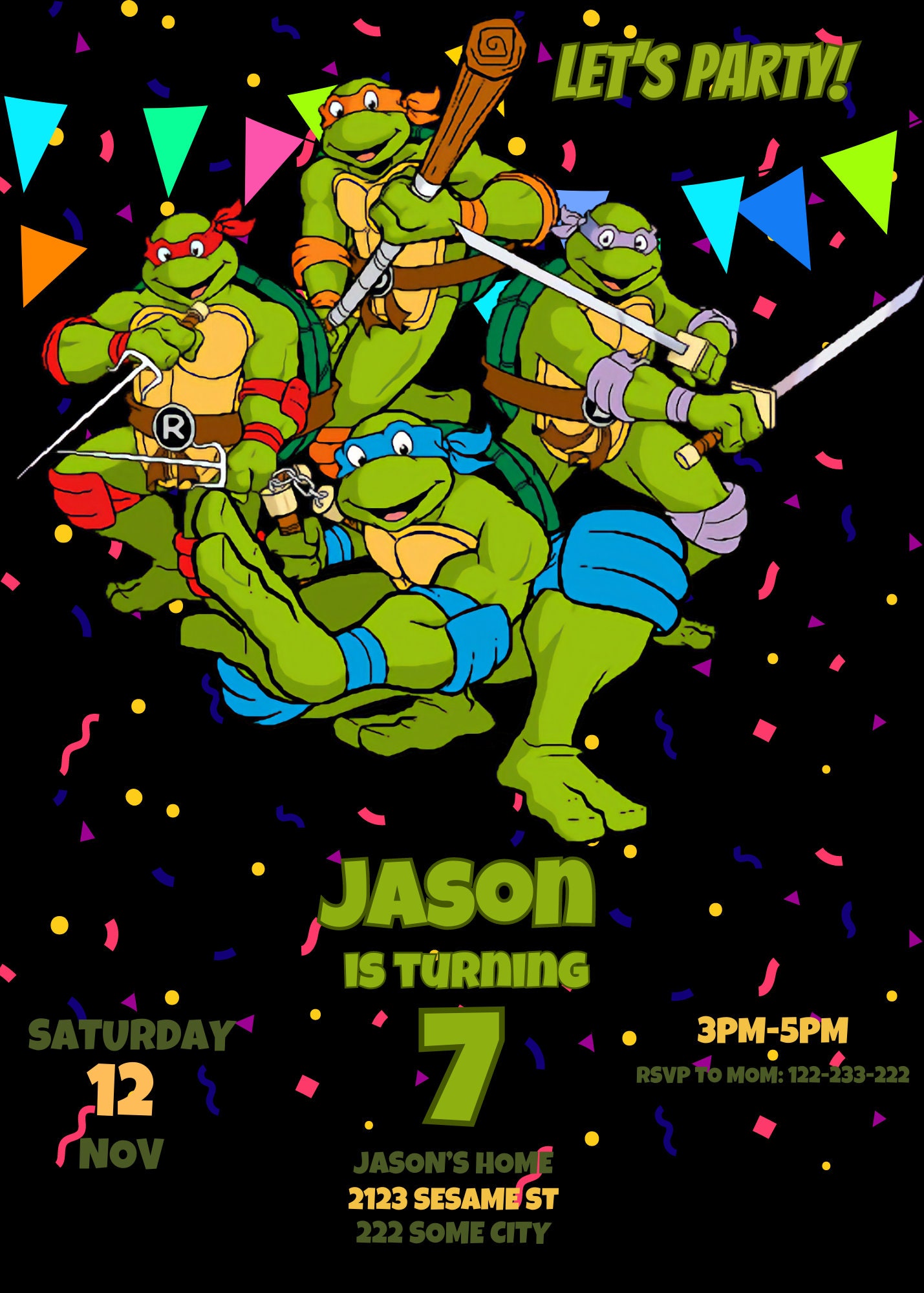 Editable Turtle Birthday Invitation Printable Ninja Invite, Turtle ...