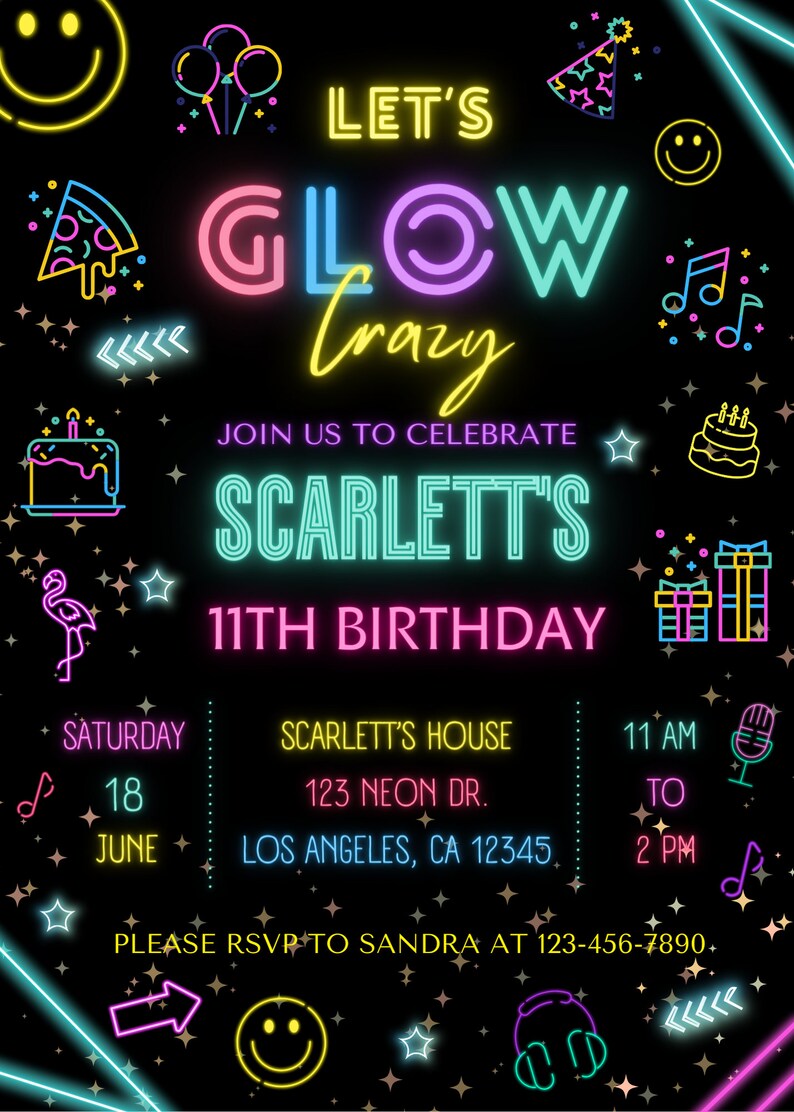 Party Glow Editable Birthday Invitation, 90s Theme Invitation, Neon ...