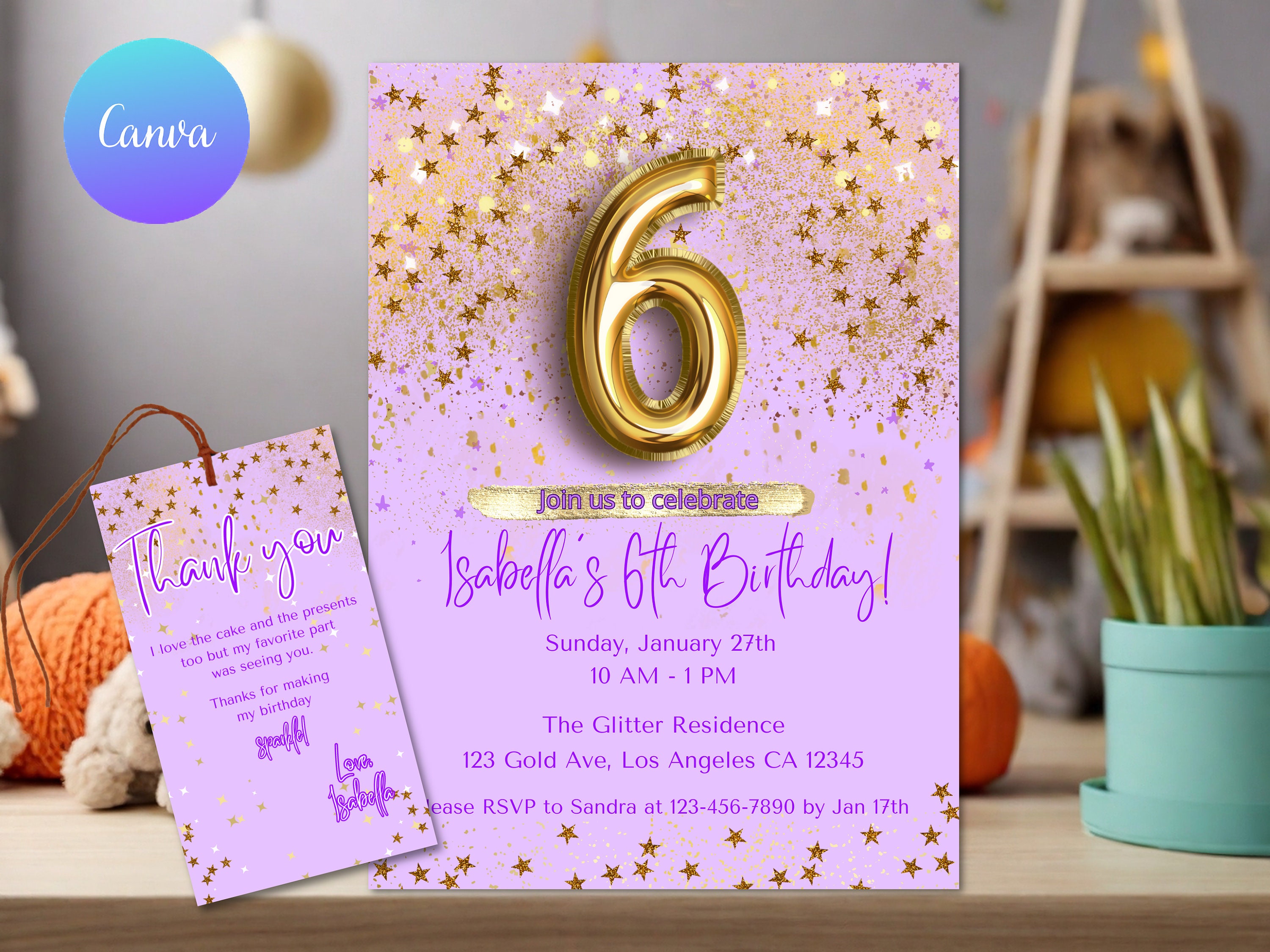 Editable Pink Purple 6th Birthday Invitation Template Glitter Birthday ...