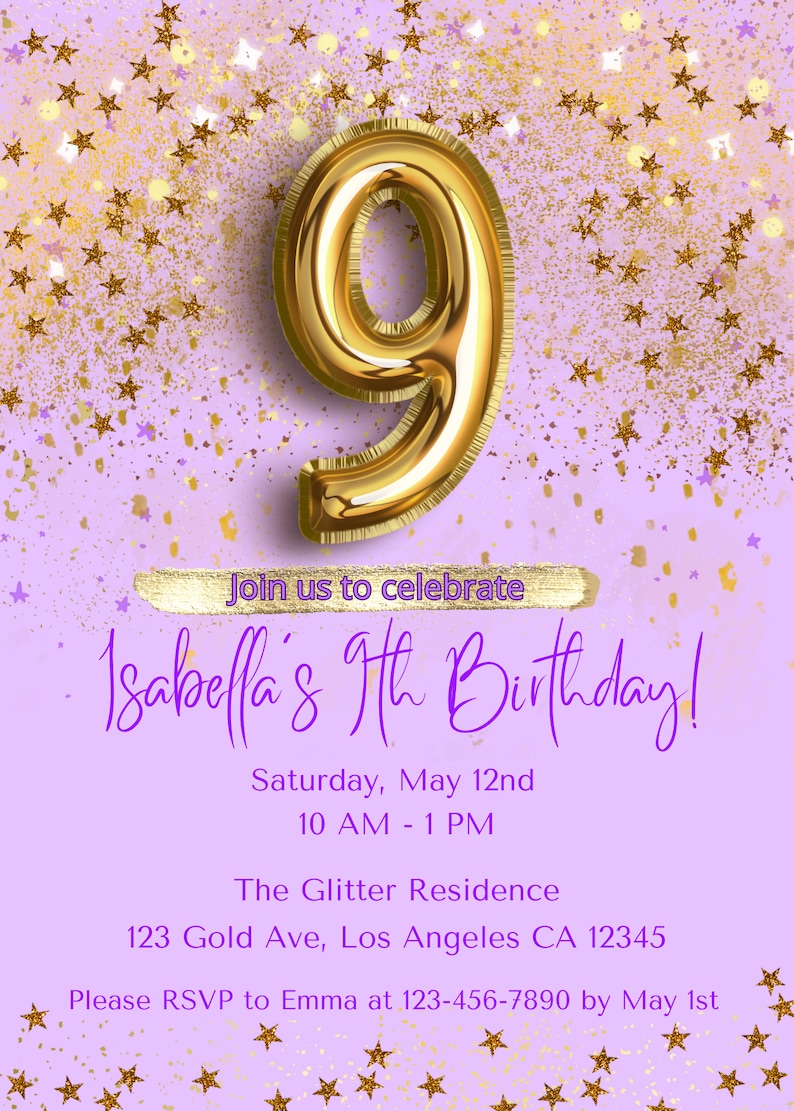 Editable Pink Purple 9th Birthday Invitation Template Glitter Birthday ...