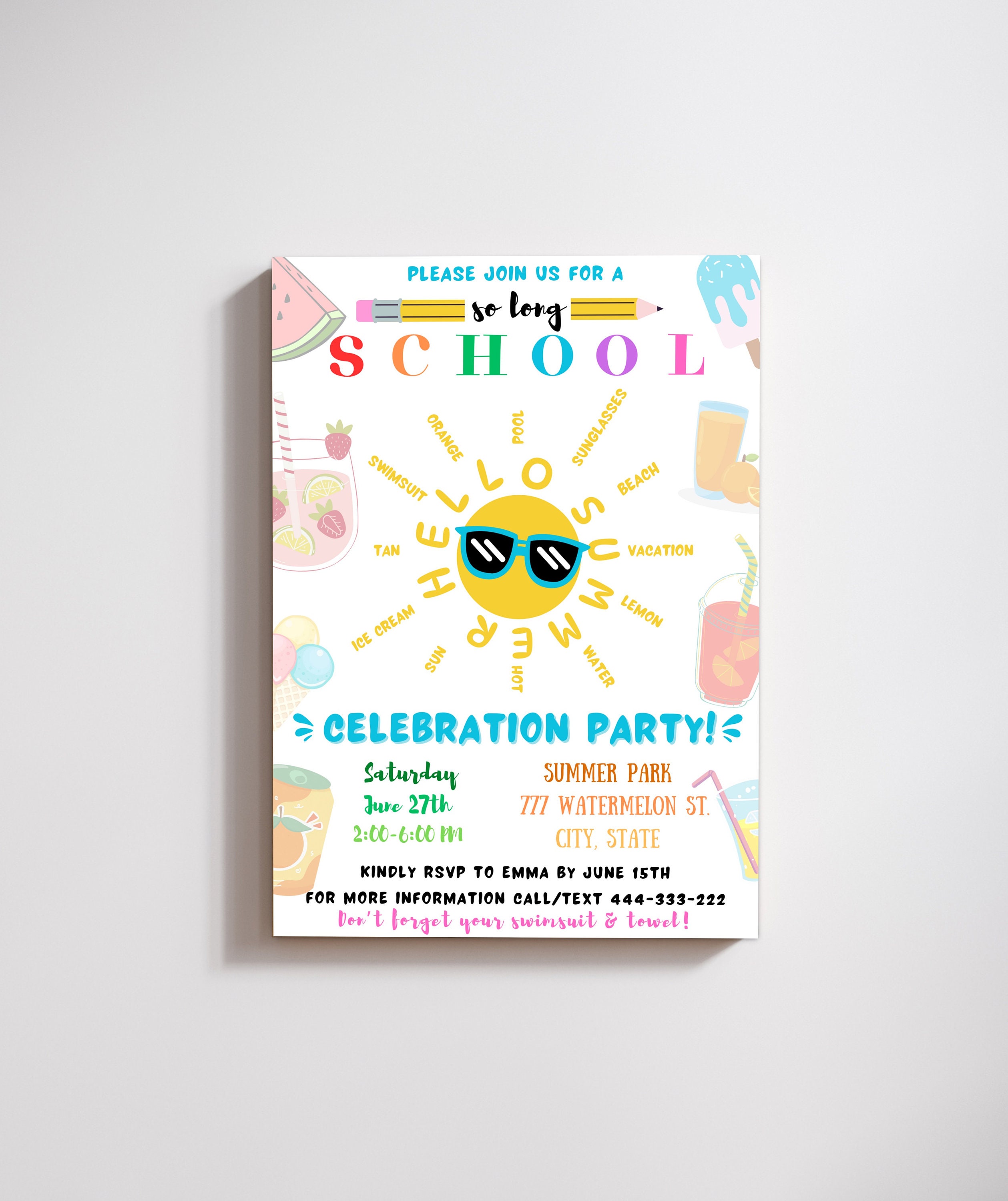 Editable Invitation End of School Party Invitation, Hello Summer ...