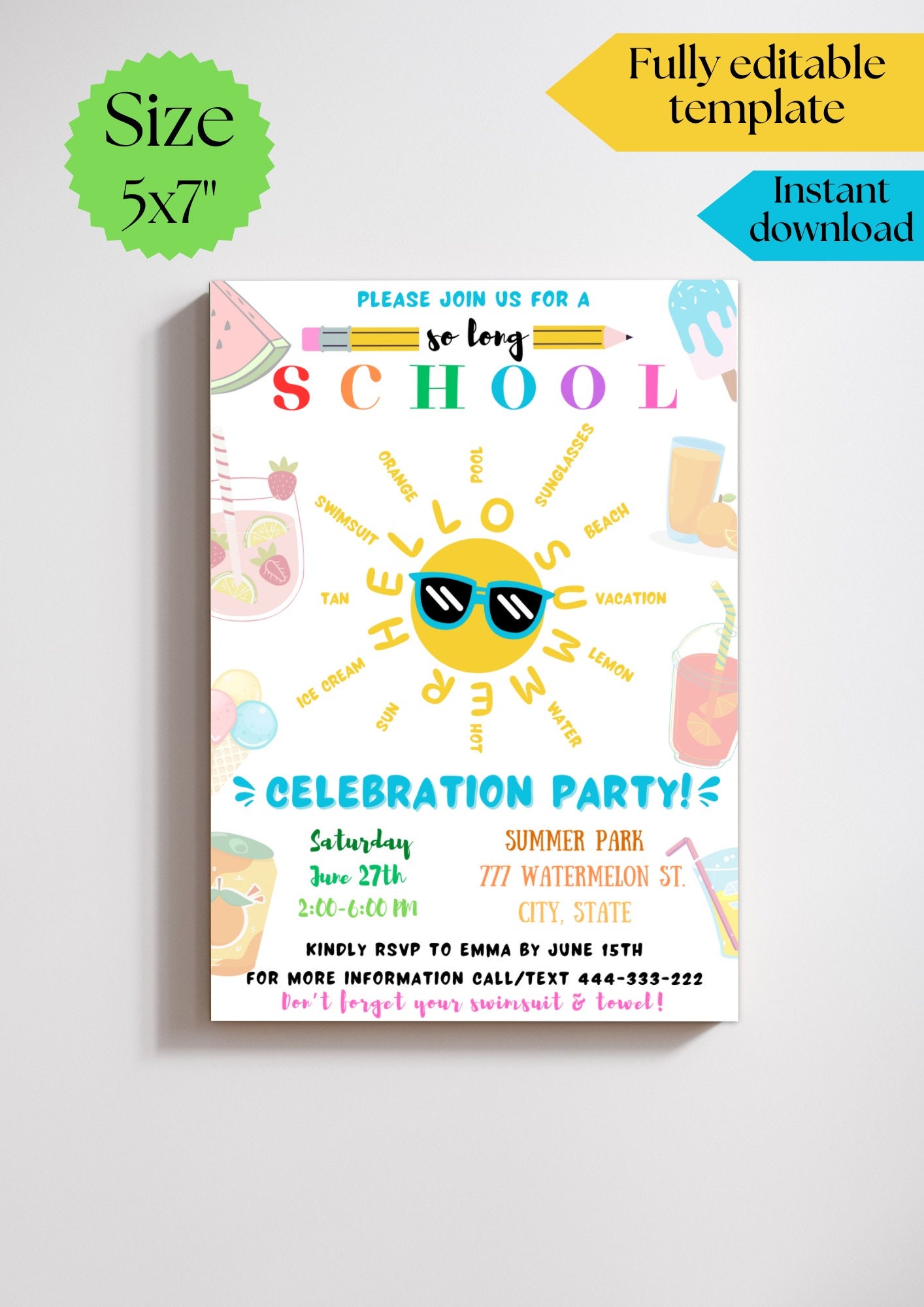 Editable Invitation End of School Party Invitation, Hello Summer ...