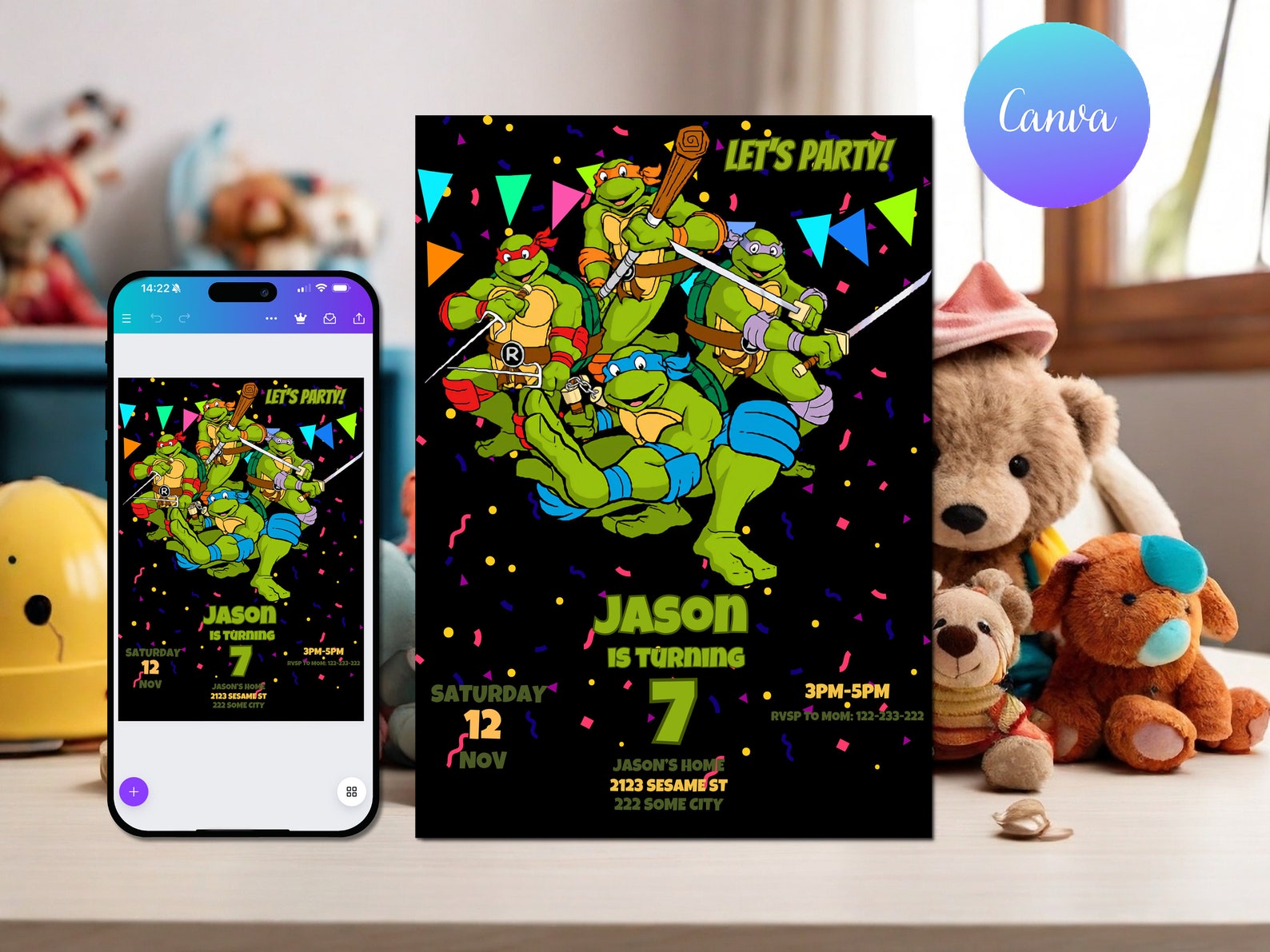 Editable Turtle Birthday Invitation Printable Ninja Invite, Turtle ...