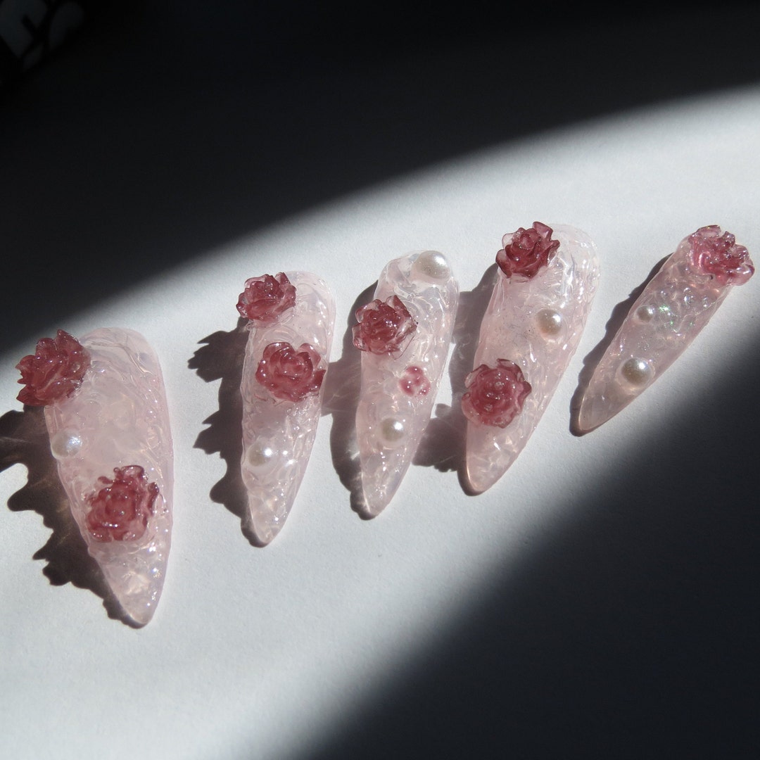 Glassy Rose Nails | Soft Pink Nails | 3D Nails | Press on Nails| 3D ...