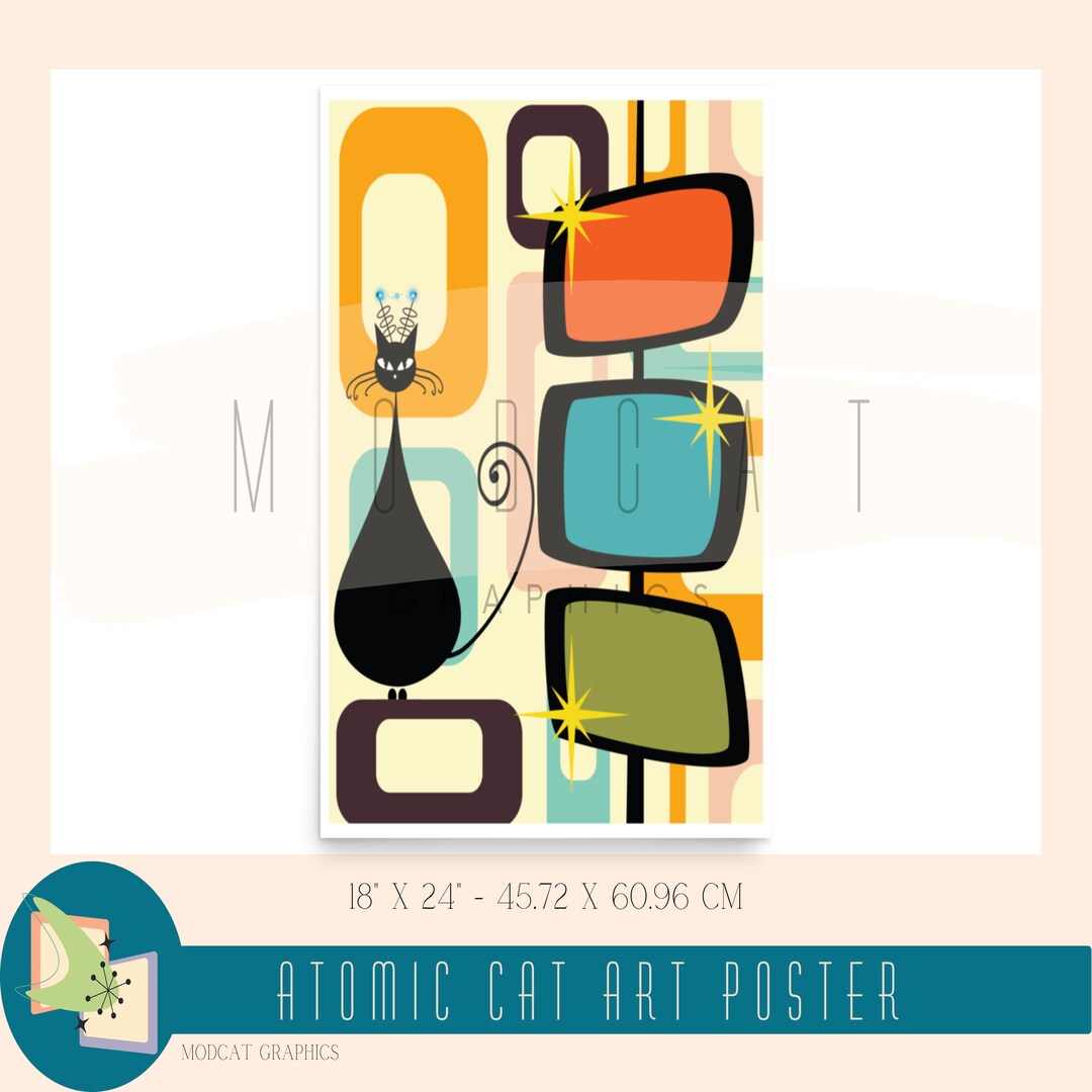 Retro Atomic Cat Poster Mid Century Modern Wall Art Decor, Vintage ...
