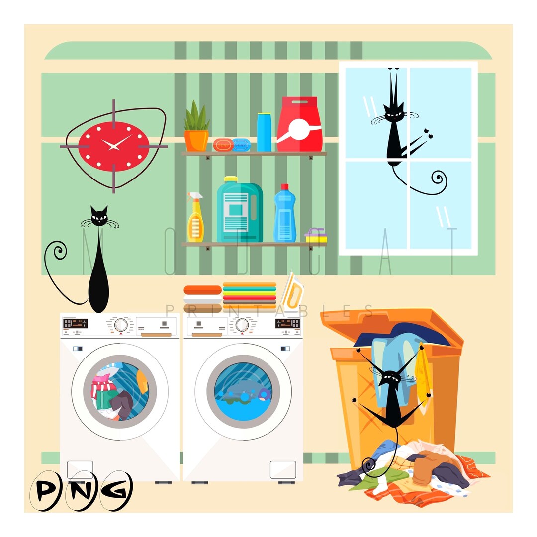 Laundry Room PNG Printable, Black Cat Retro Poster, Apartment Wall Art Decor, MCM 1950s Mid ...