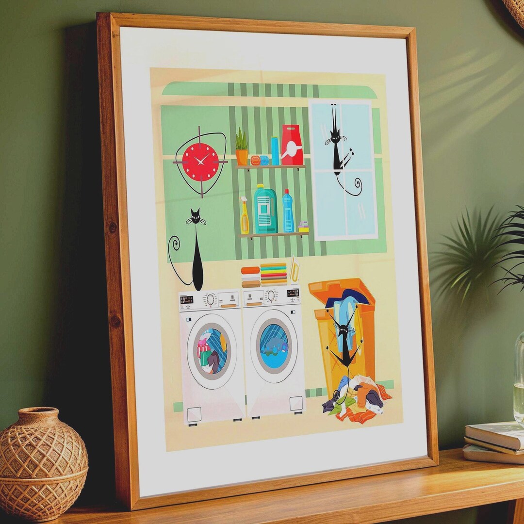 Printable Laundry Room Wall Art PNG, Black Cat Retro Poster, Apartment ...