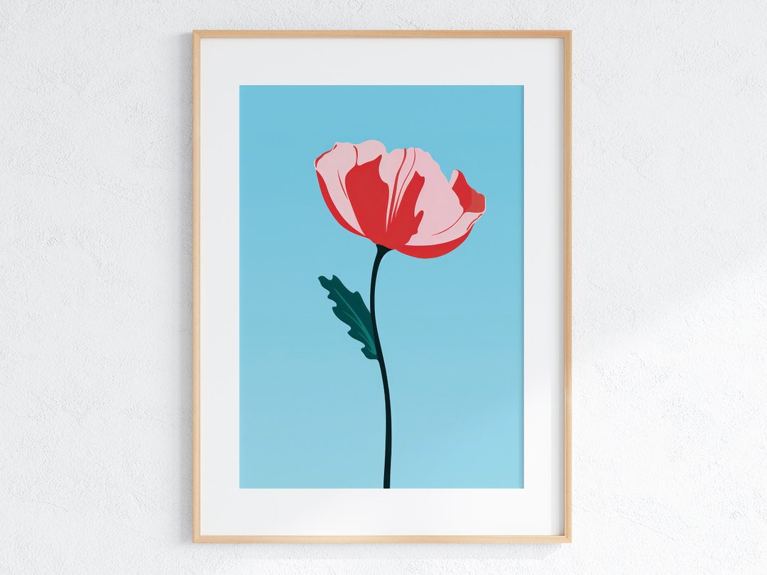 Poppy Flower Superflat Art, Bold Red Poppy on Blue Background, Modern ...