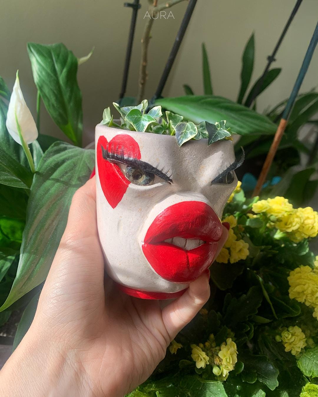 Handmade Face Planter Pot, Red Lips Ceramic Plant Pot, Cute Succulent ...