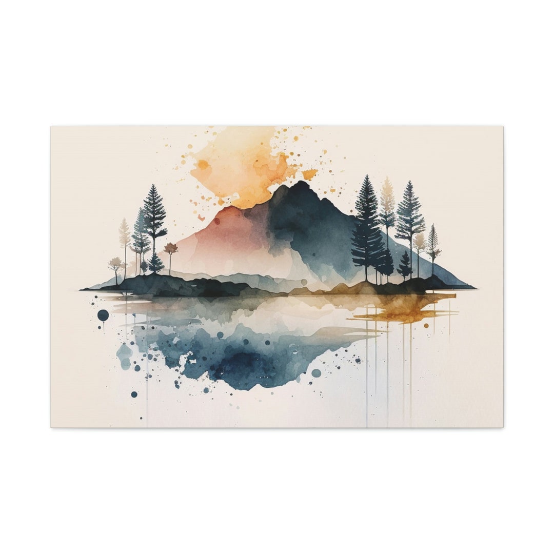 Volcano Reflection Watercolor Art Print - Trees, Orange and Red Tones ...