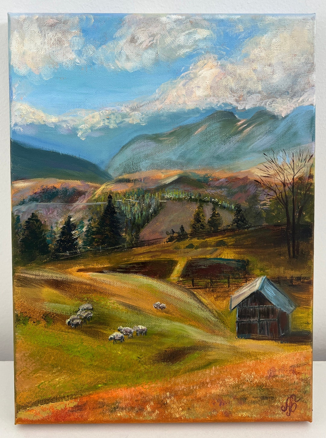 Mountain Landscape Oil Painting, 9x12 Rural Scene Art, Sheep, Original ...