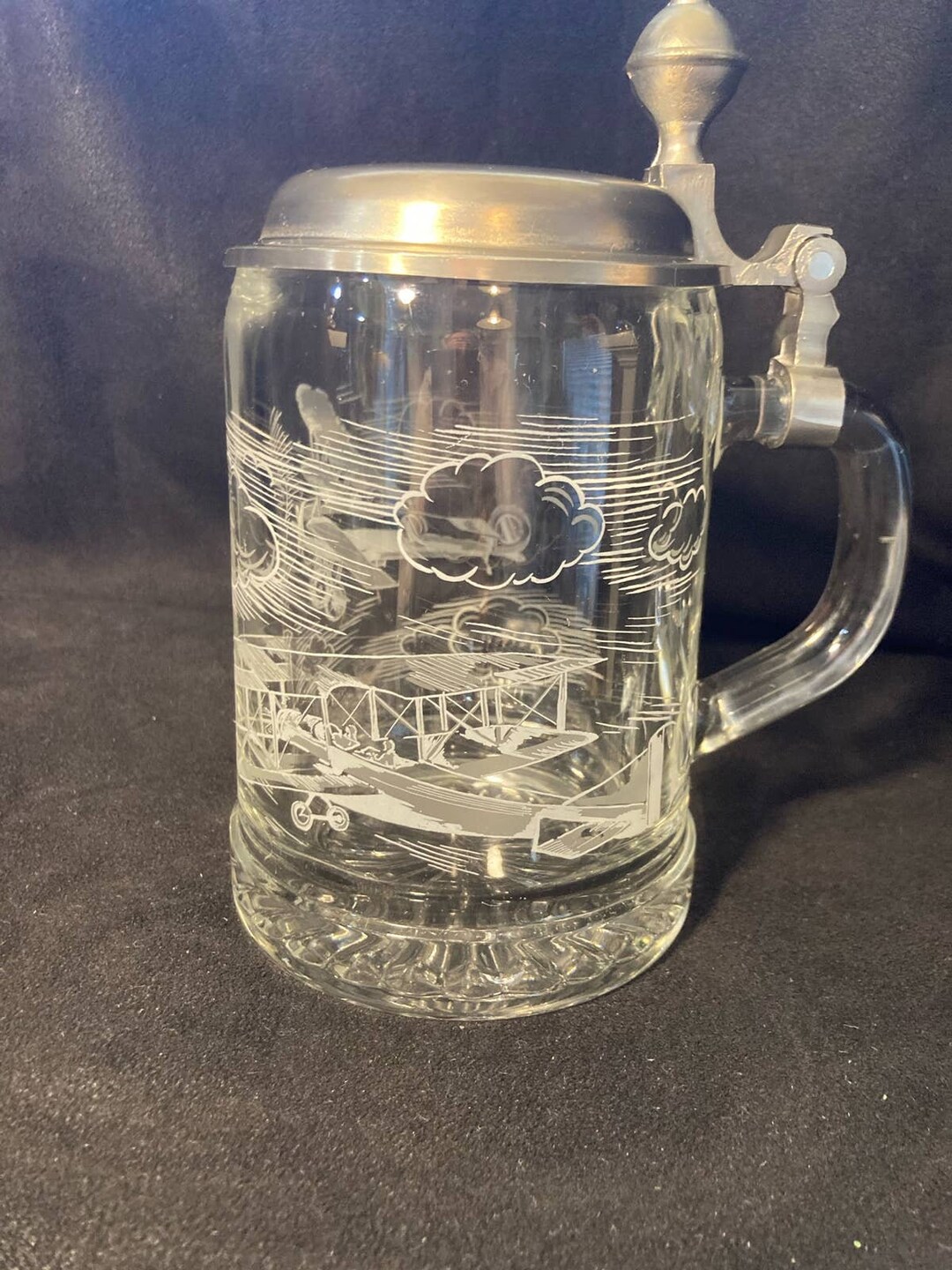 ALWE Glass Beer Stein Pewter Lid Etched Bi-plane Germany VTG - Etsy