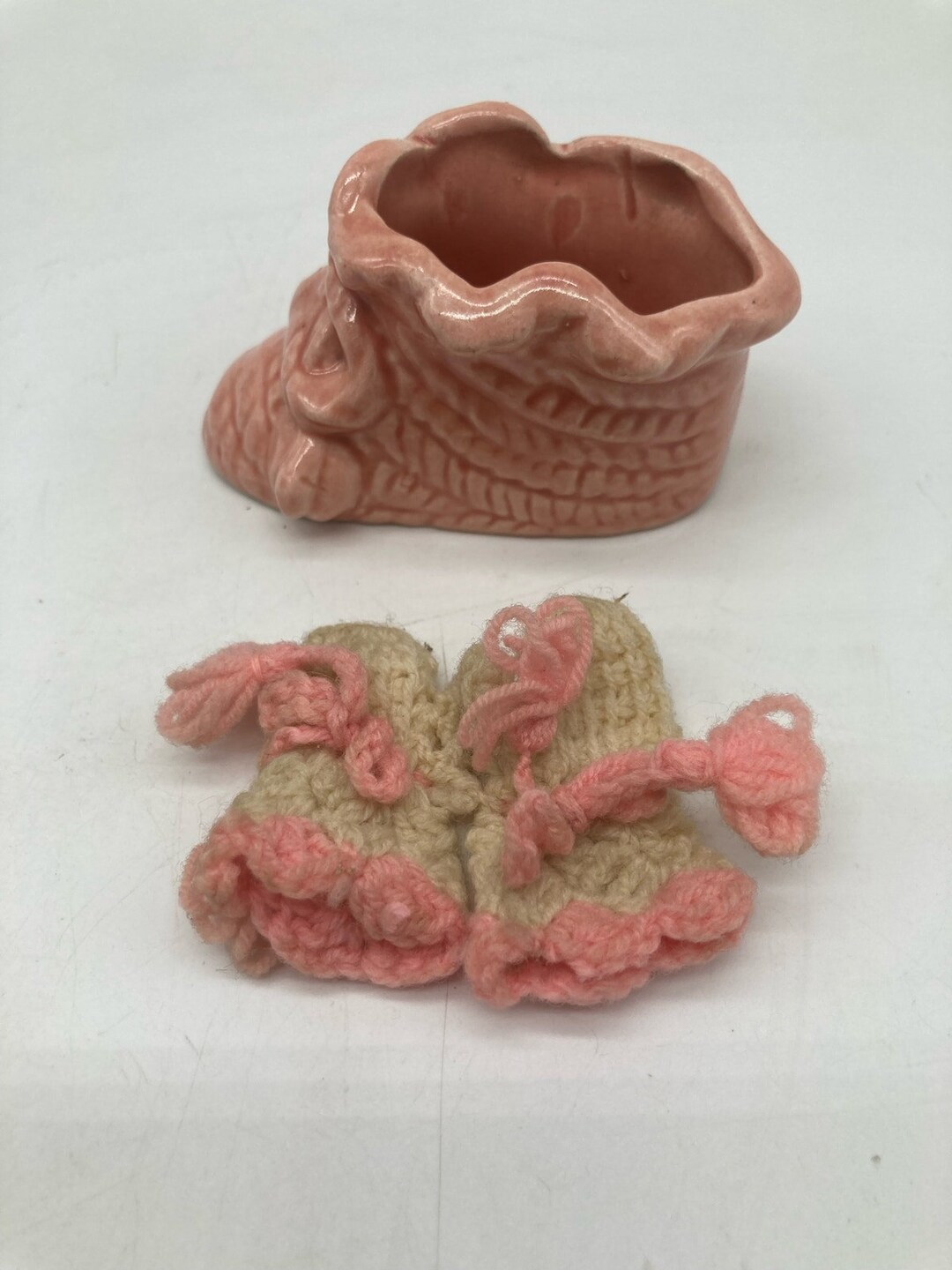 Vintage Pink Ceramic Baby Booty & Miniature Knitted Booties Pink - Etsy