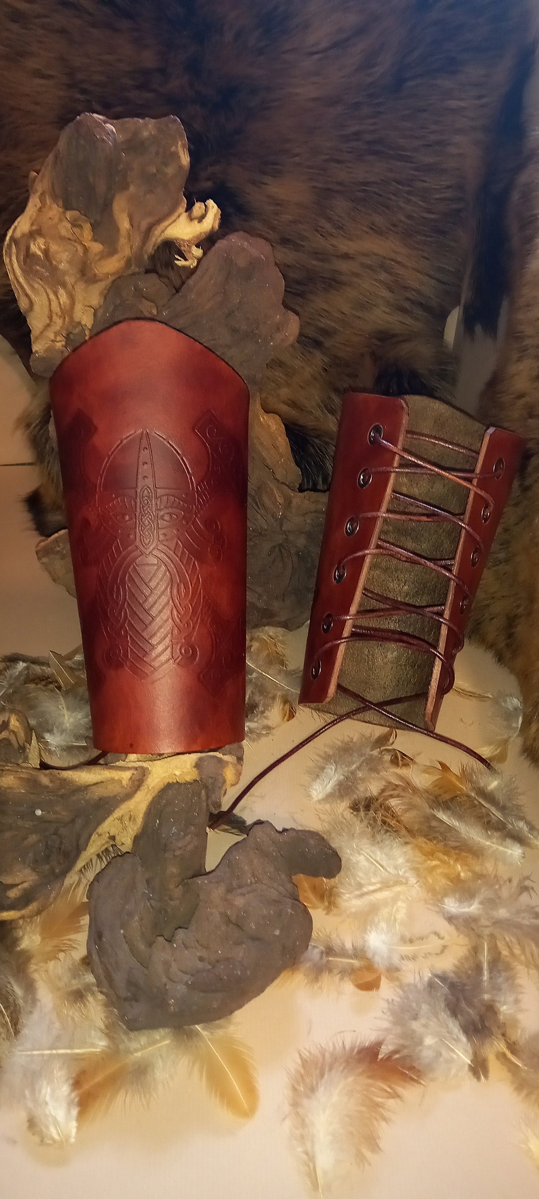 Real Leather Vambrace Viking Artwork Mahogany Armour Gauntlet - Etsy