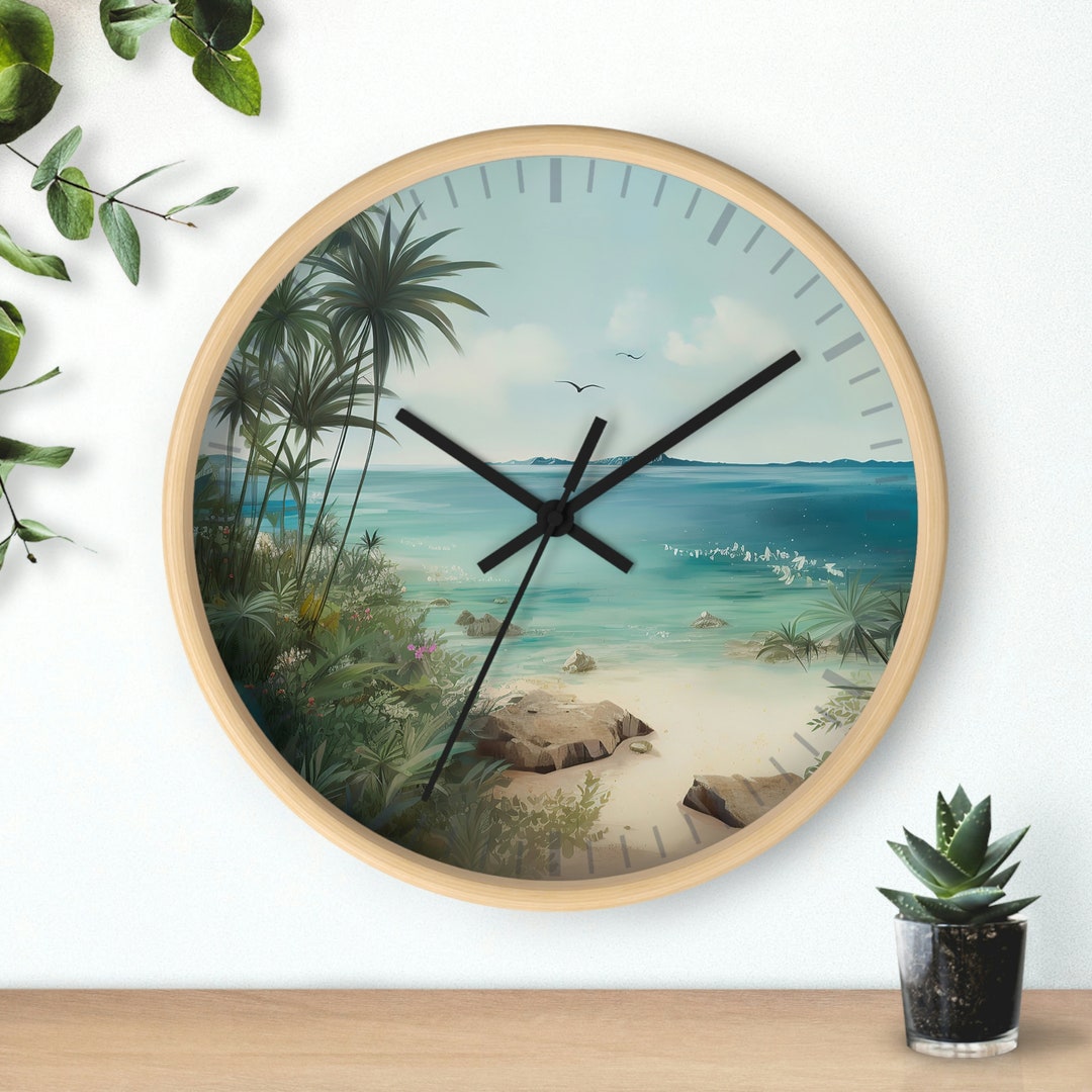 Tropical Beach Scene Wall Clock Nautical Decor Ocean Island Time 10 ...