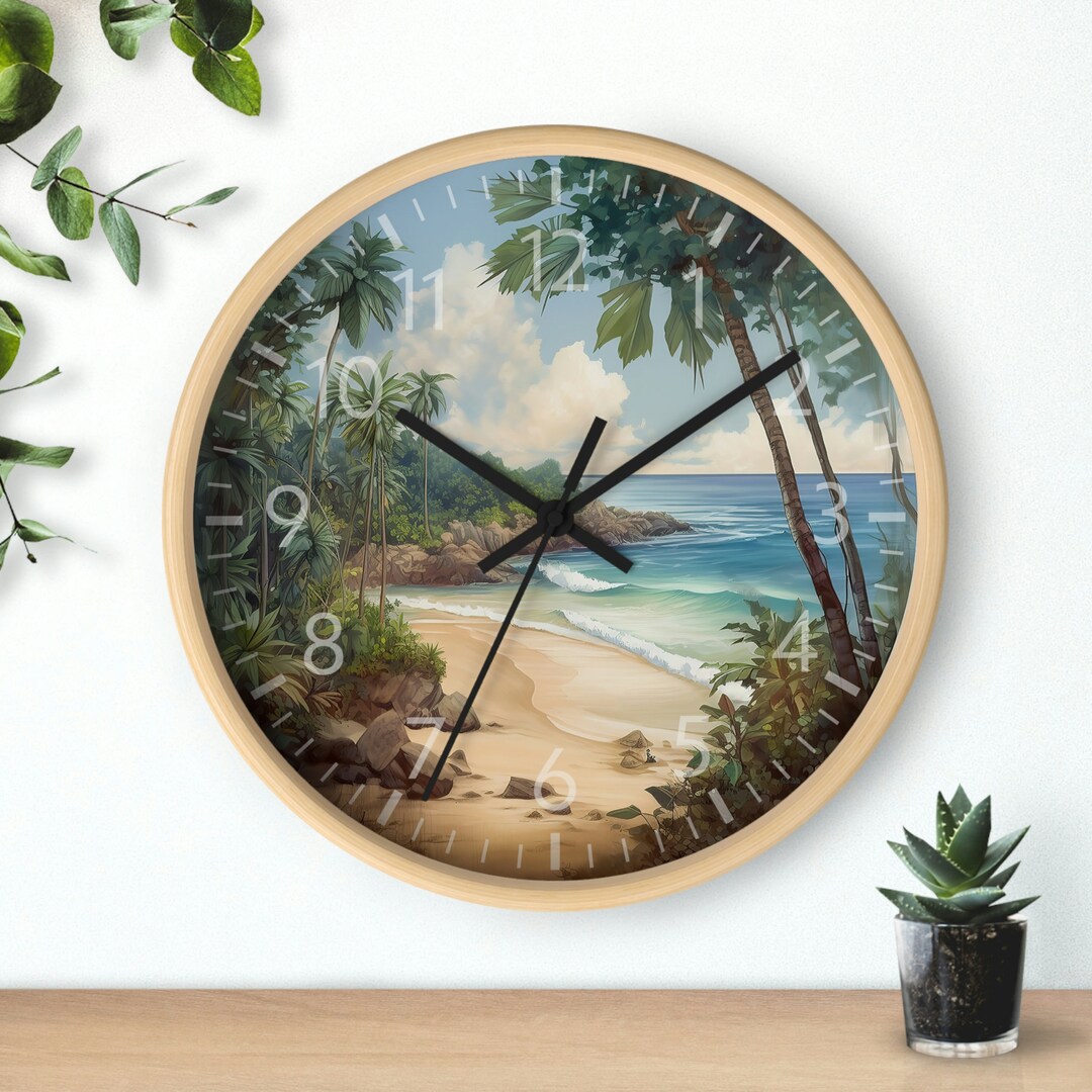 Tropical Beach Scene Wall Clock Nautical Decor Ocean Island Time 10 ...
