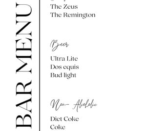 The Bar Sign, Modern Drink Menu Template, Minimalist Wedding Bar Menu ...